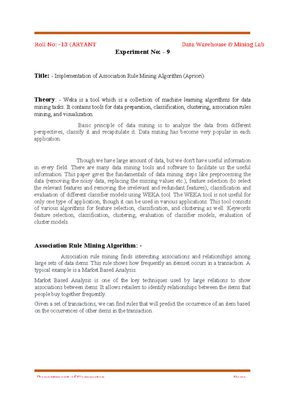 608352311 EX 9 DWM Aryant - DHENGRE) Experiment No: - 9 Title: - Implementation of Association ...