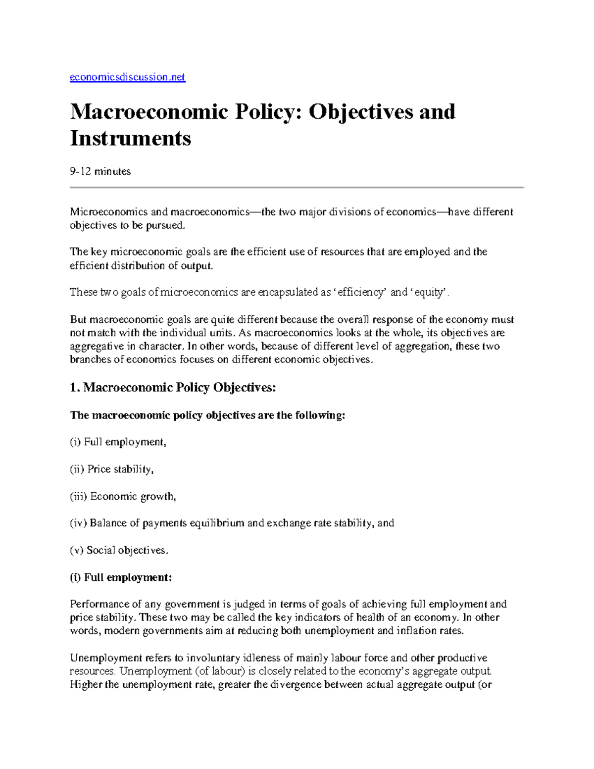 Macroeconomic Policy Objectives and Inst - economicsdiscussion ...