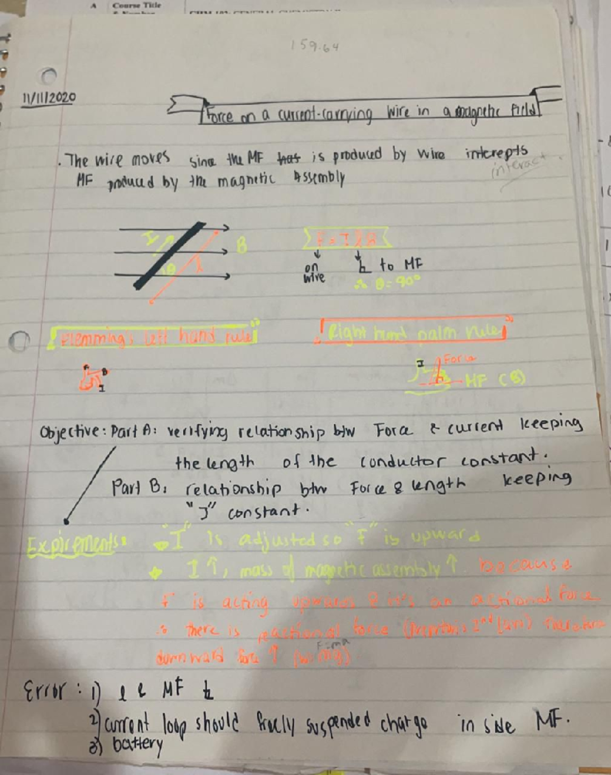 LAB Expirement 9 FORCE ON A CURRENT CARRYING WIRE IN A MAGNETIC FIELD ...