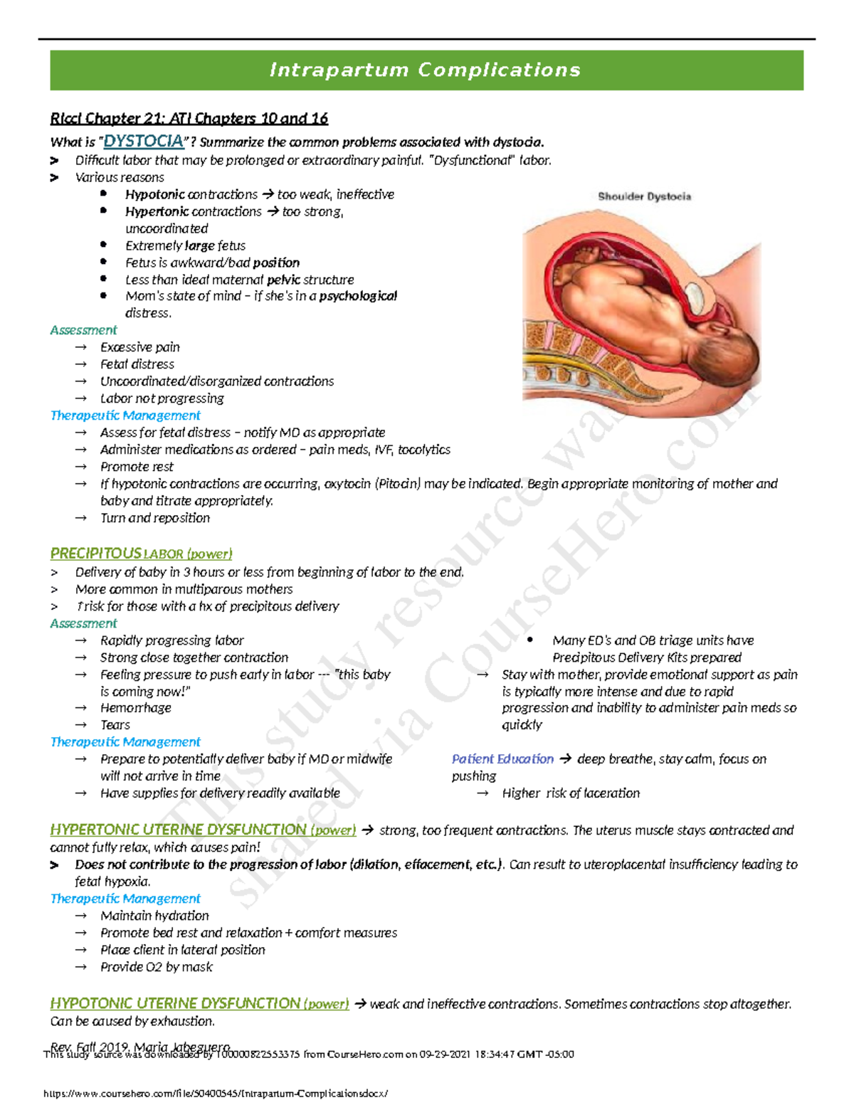 Intrapartum Complications - Ricci Chapter 21; ATI Chapters 10 and 16 ...