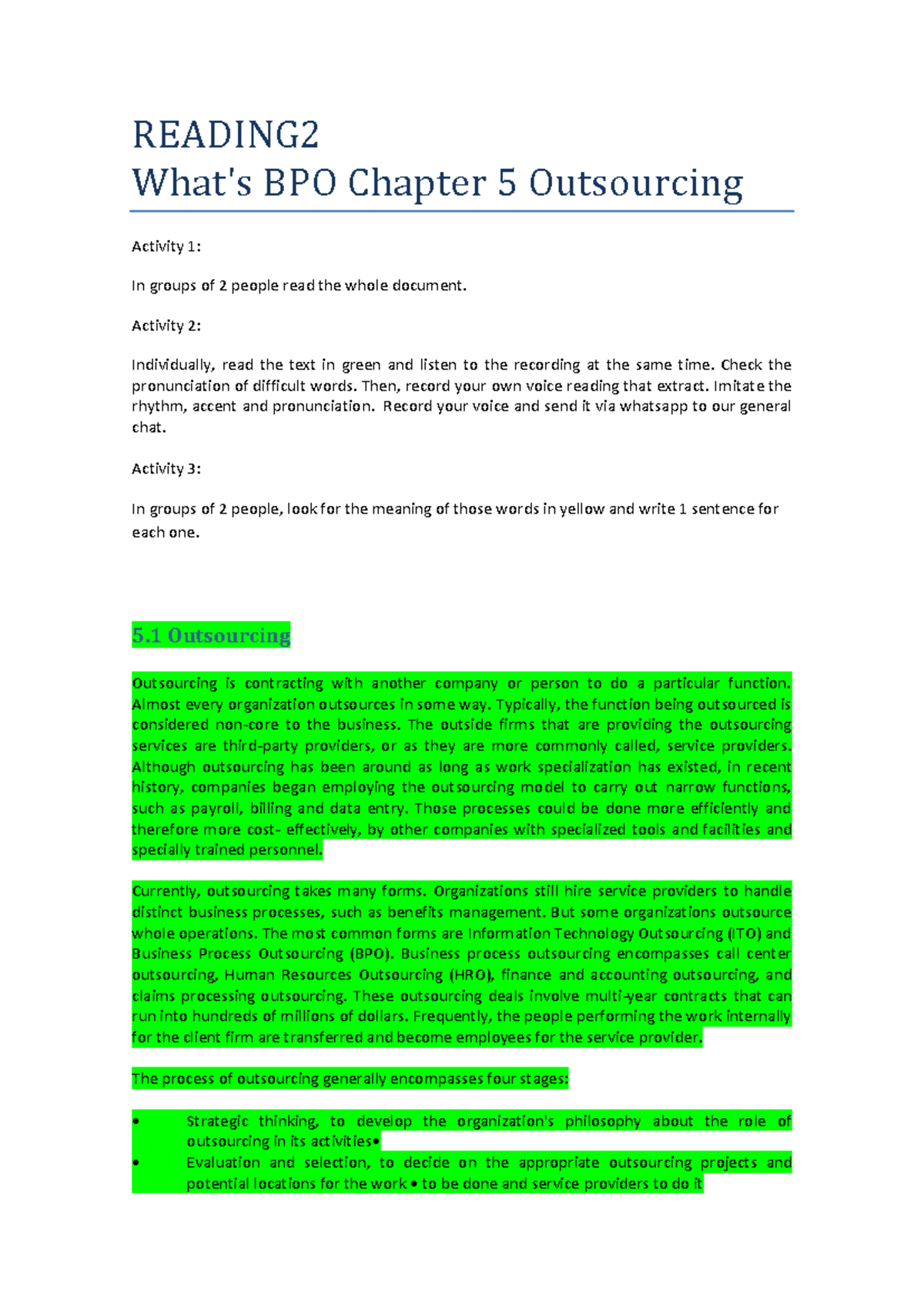 What's BPO V - READING What's BPO Chapter 5 Outsourcing Activity 1: In ...