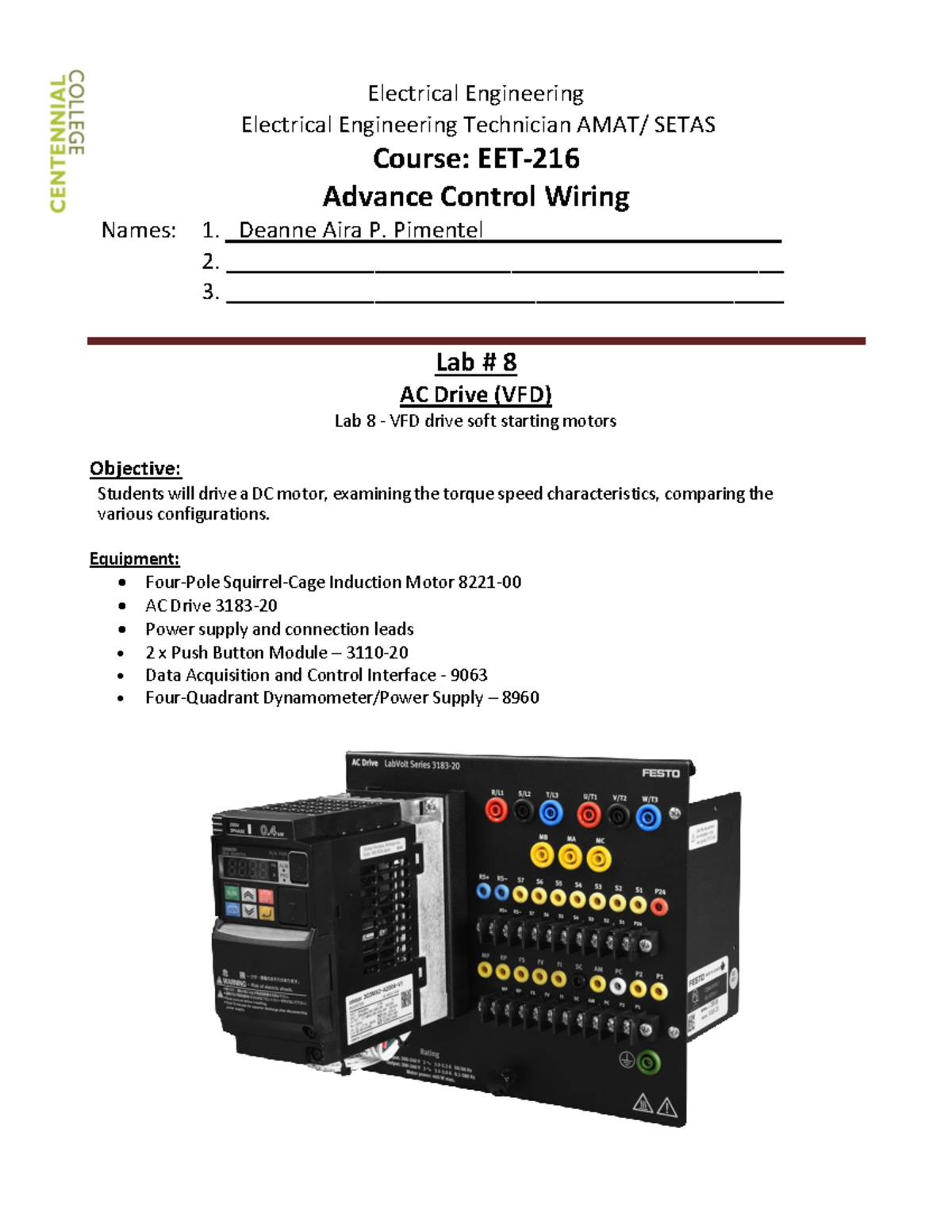 EET-216 W9 LAB # 8 - VFD (rev1) - ` Electrical Engineering Electrical ...