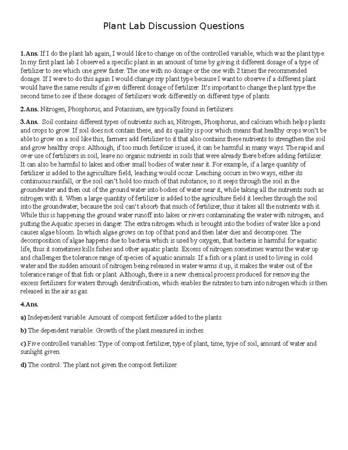 Science ( plant questions) - Plant Lab Discussion Questions If I do the ...