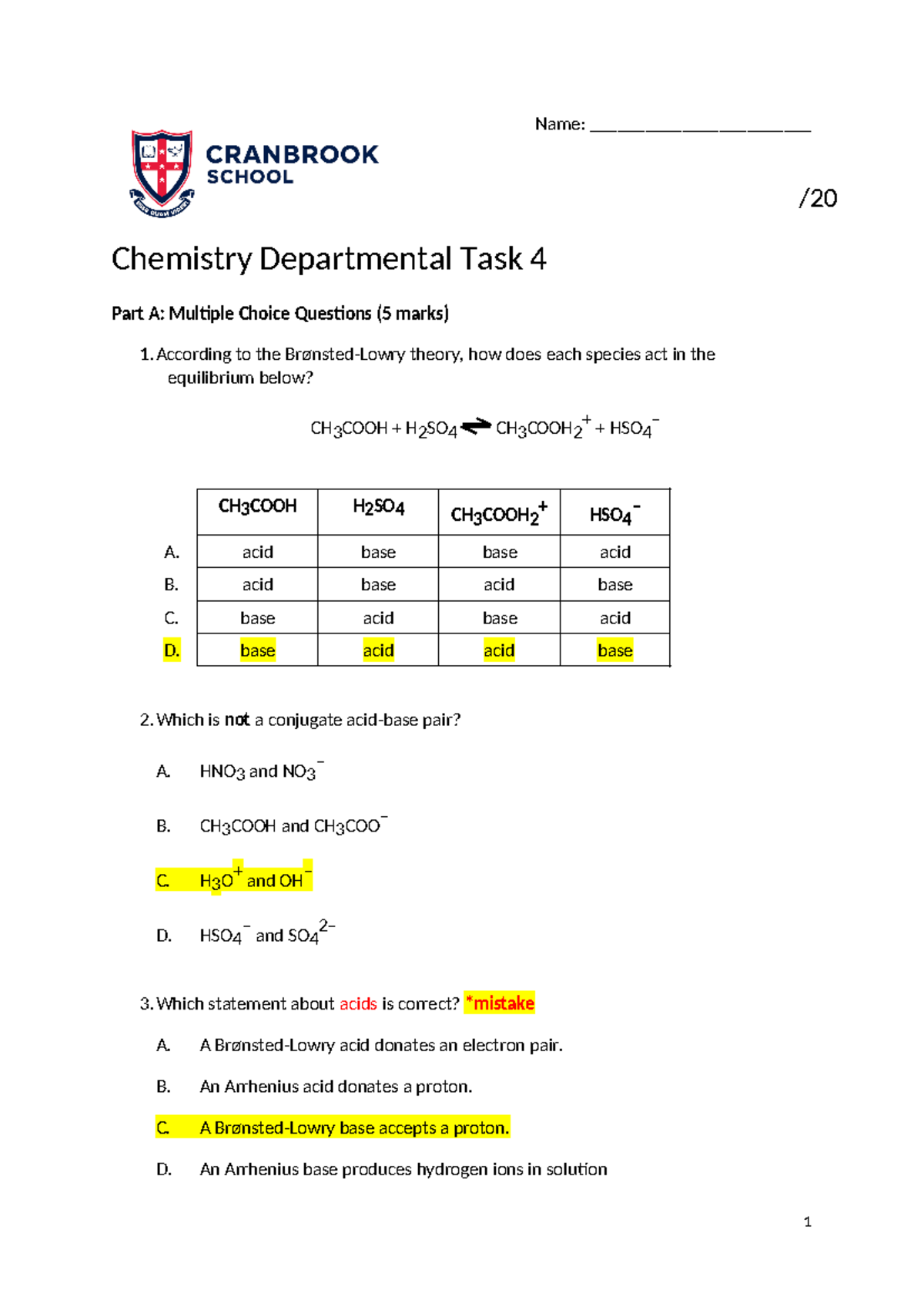 Task 4 Answers - Cranbrook topic tests - Name ...