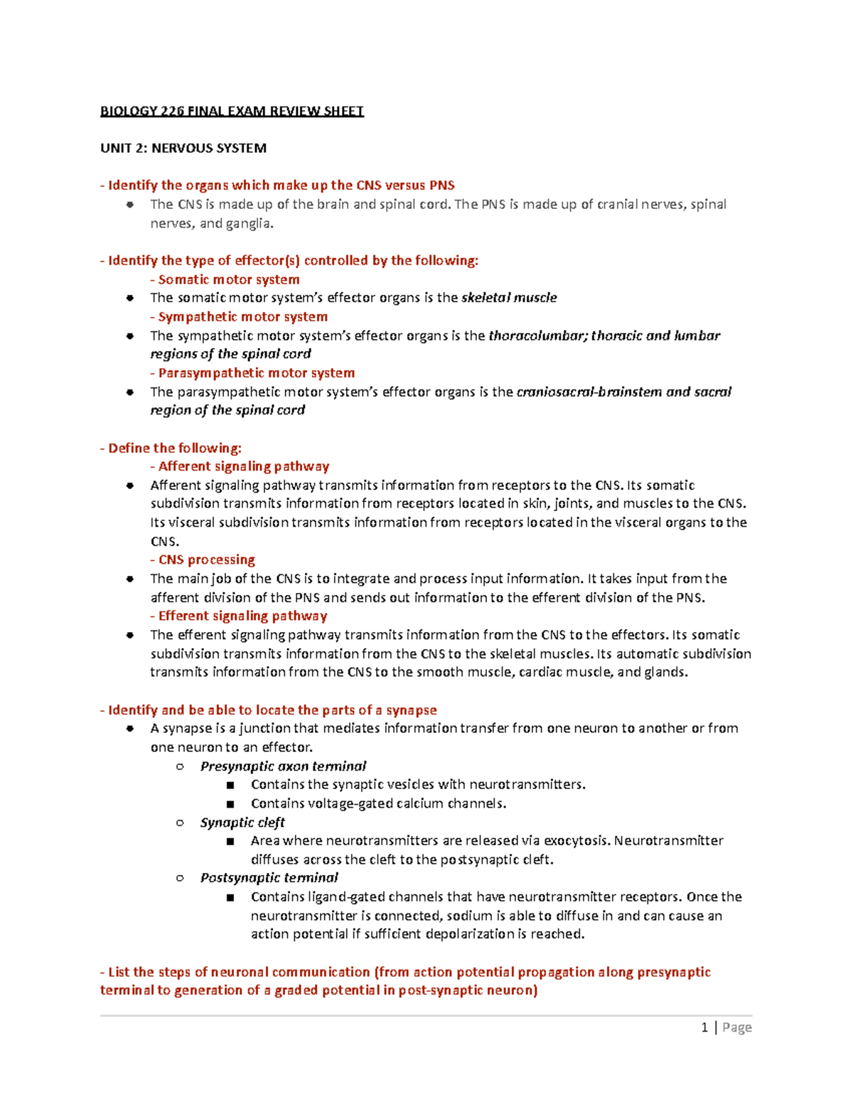 BIO 226 Final Exam Review Sheet - BIOLOGY 226 FINAL EXAM REVIEW SHEET ...