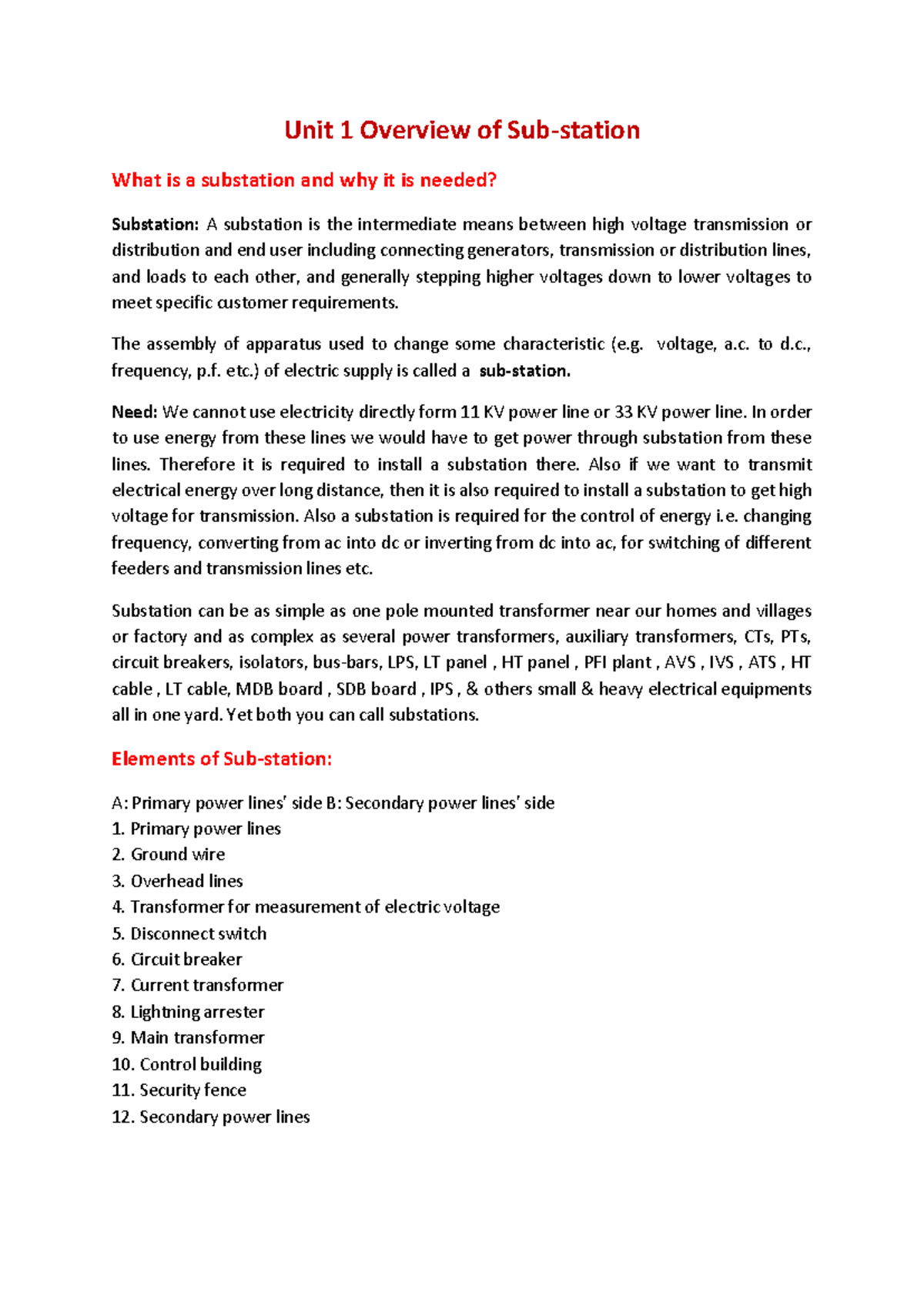 Unit 1 ESP - Unit 1 Overview of Sub-station What is a substation and why it is needed ...