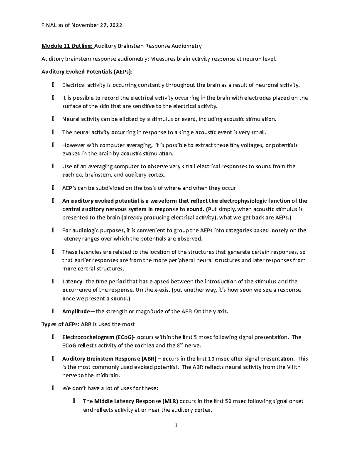 Module 11 Auditory Brainstem Response - Module 11 Outline: Auditory ...