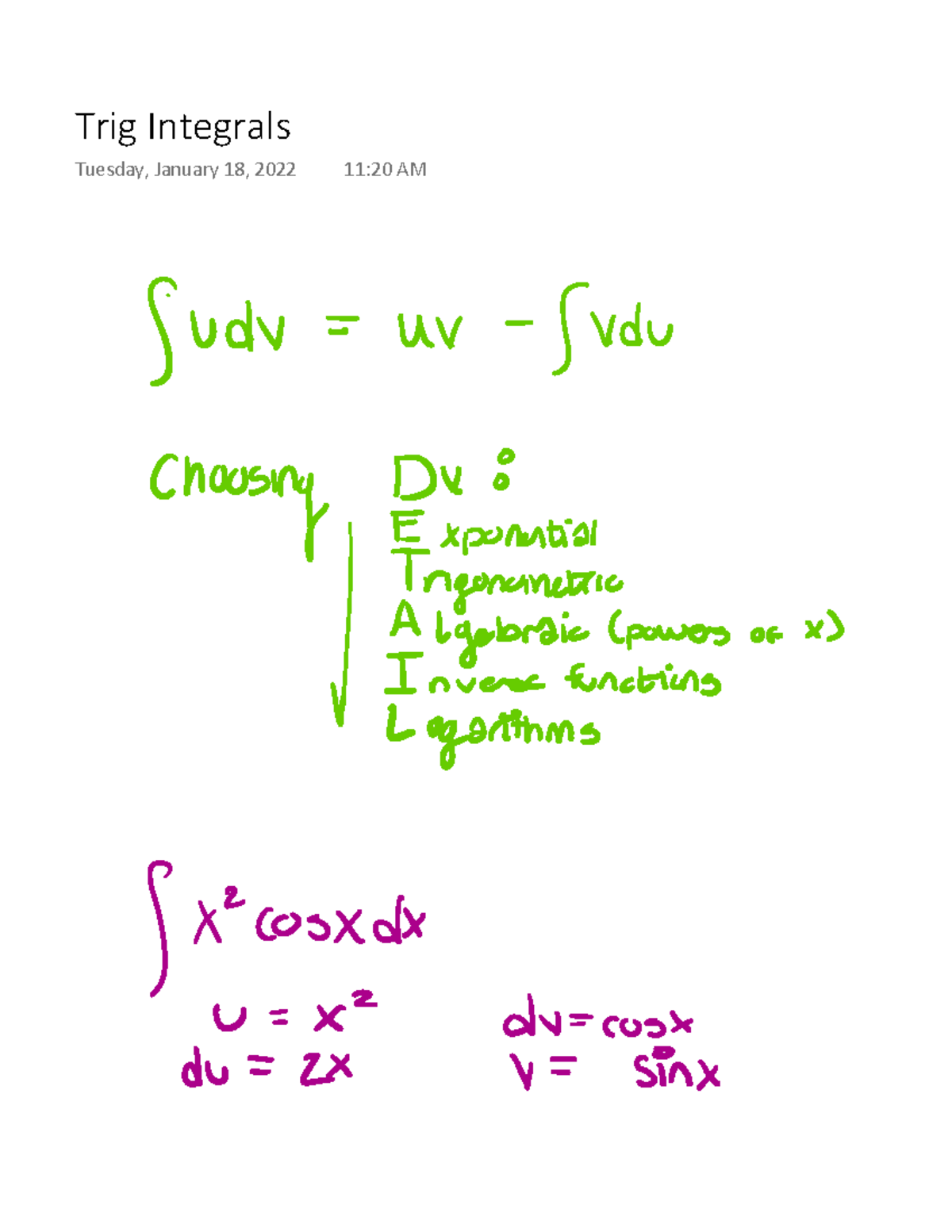 Trig Integrals - Professor: Rachel Krieger - Trig Integrals Tuesday ...