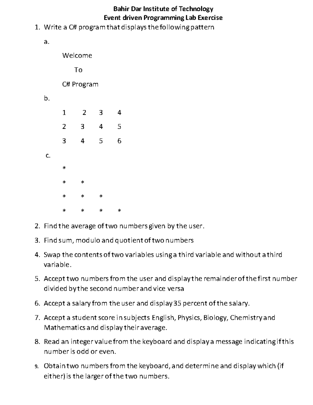 C# lab1 - YES - Bahir Dar Institute of Technology Event driven ...
