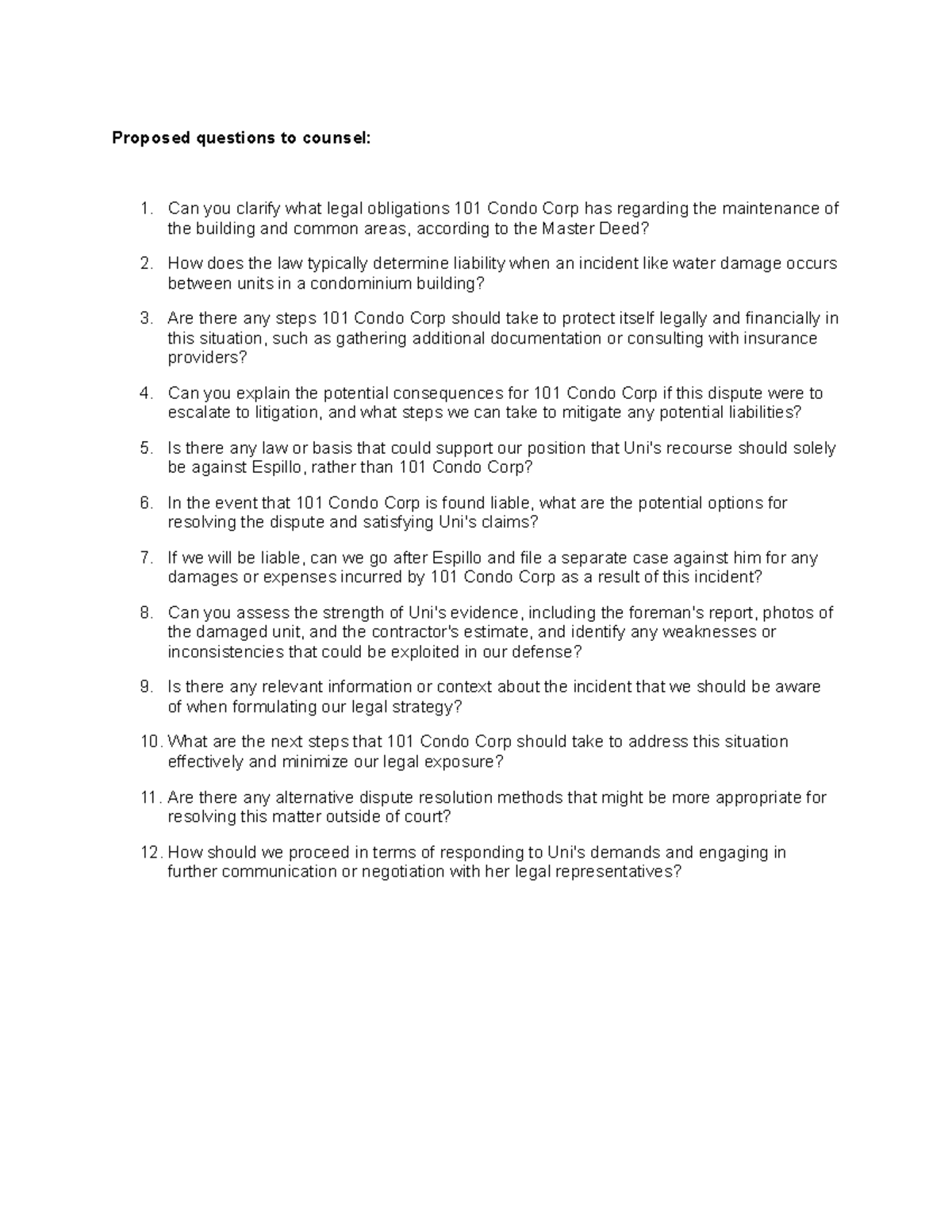 Proposed questions to counsel 101 Condo Corp (1) - Proposed questions ...