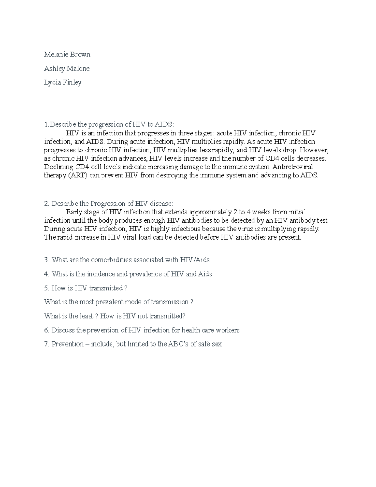 Doc1 - HIV - Melanie Brown Ashley Malone Lydia Finley 1 the progression ...