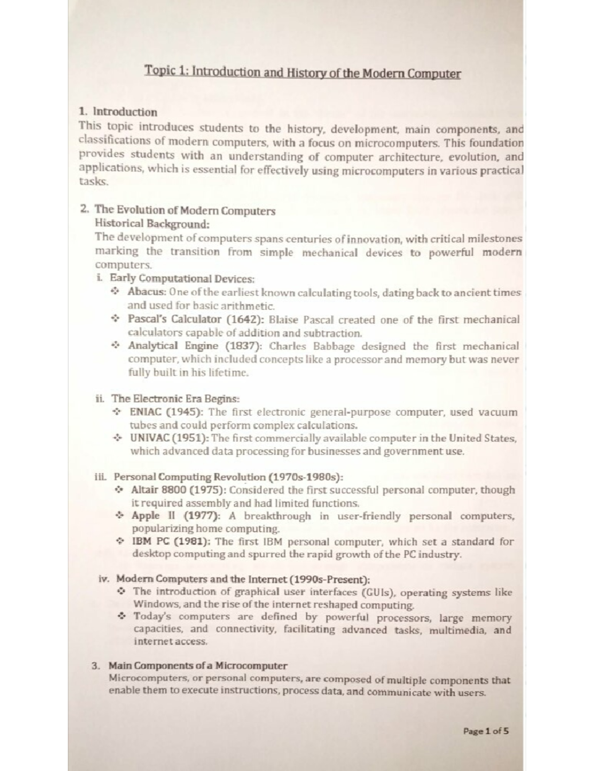 Microcomputer notes 1 - Topic 1: Introduction and History of the Modern ...