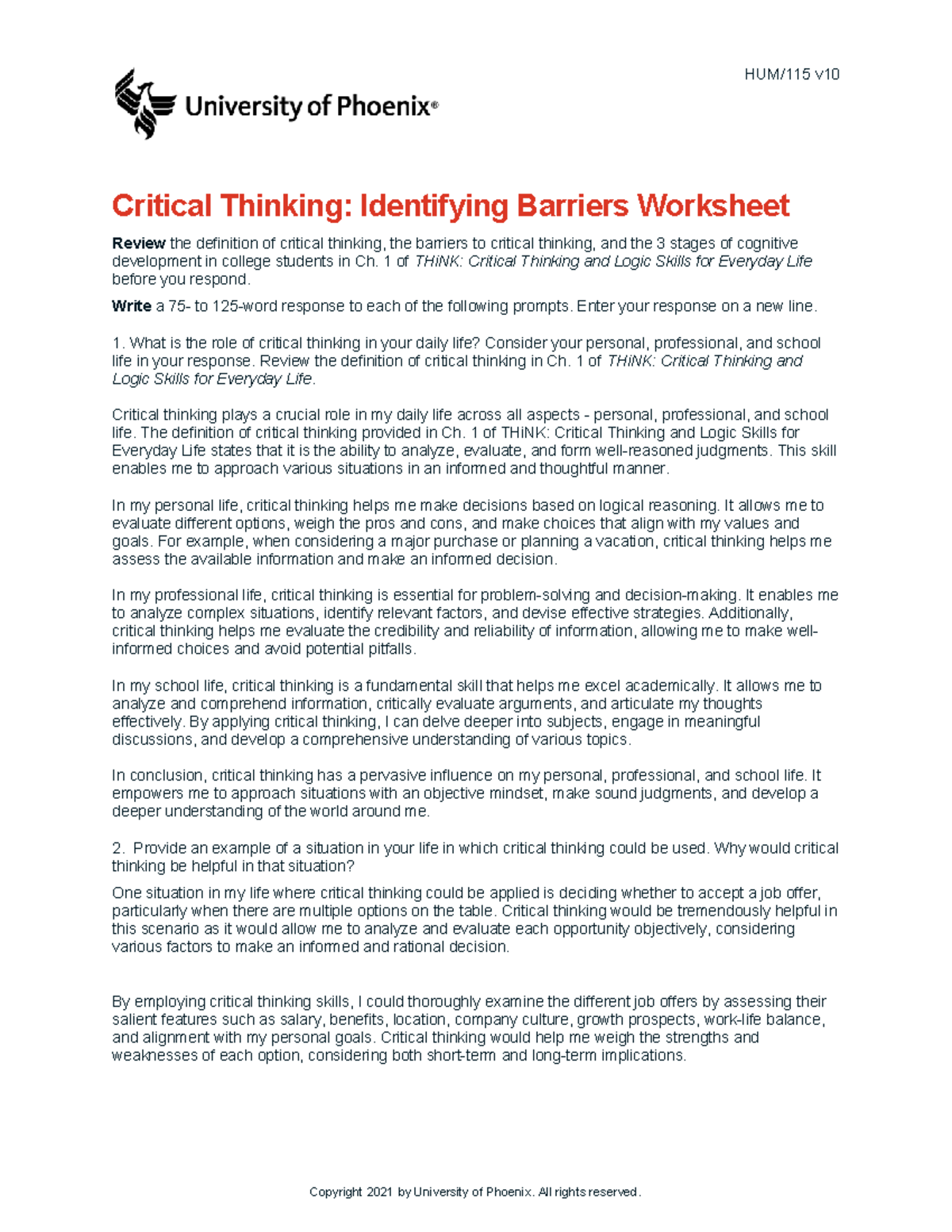 Hum115 v10 wk1 critical thinking identifying barriers worksheet - HUM ...