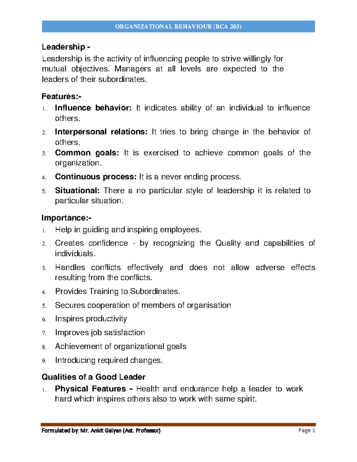 OB leadership Notes - Leadership - Leadership is the activity of ...