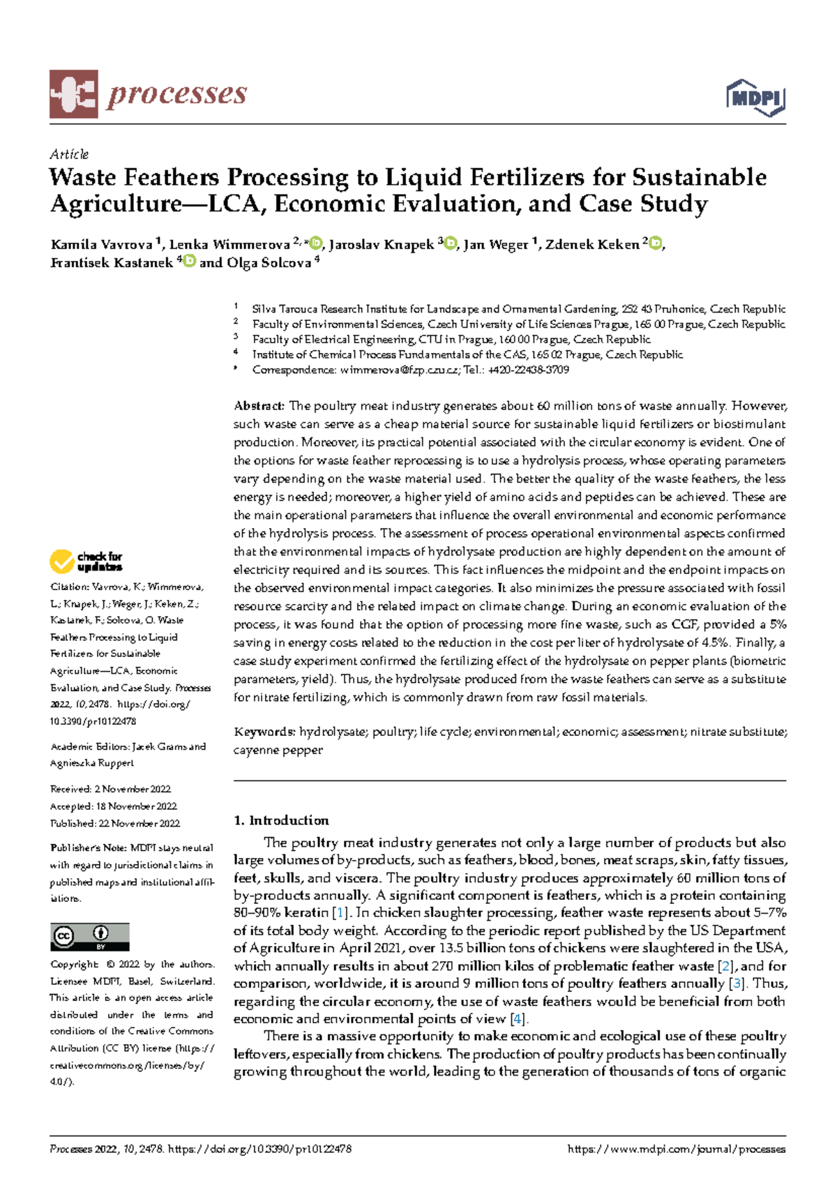 Processes 10 02478 v2 - Feather like fertilizer - Citation: Vavrova, K.; Wimmerova, L.; Knapek ...