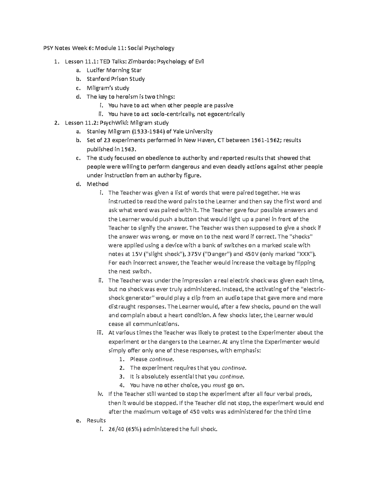 PSY Notes Wk6 Module 10 Social Psychology - PSY Notes Week 6: Module 11 ...