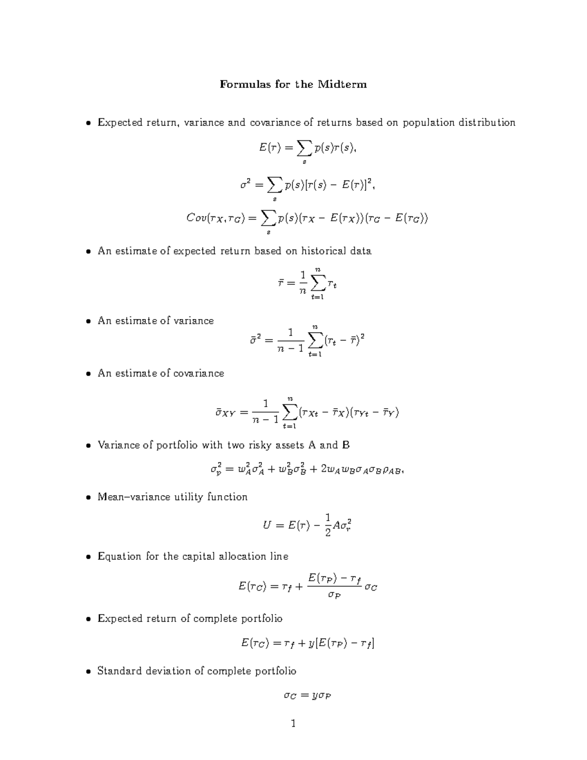 Formulas For Midterm 1 - Formulas for the Midterm Expected return, variance and covariance of ...