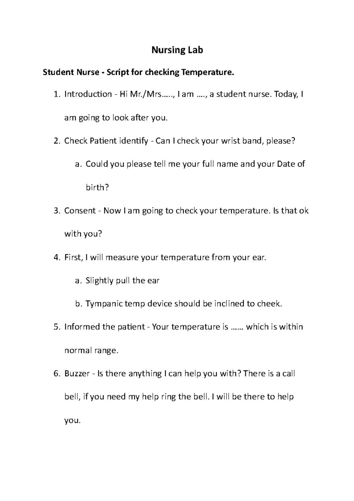 Nursing Clinical Lab - Nursing Lab Student Nurse - Script for checking ...