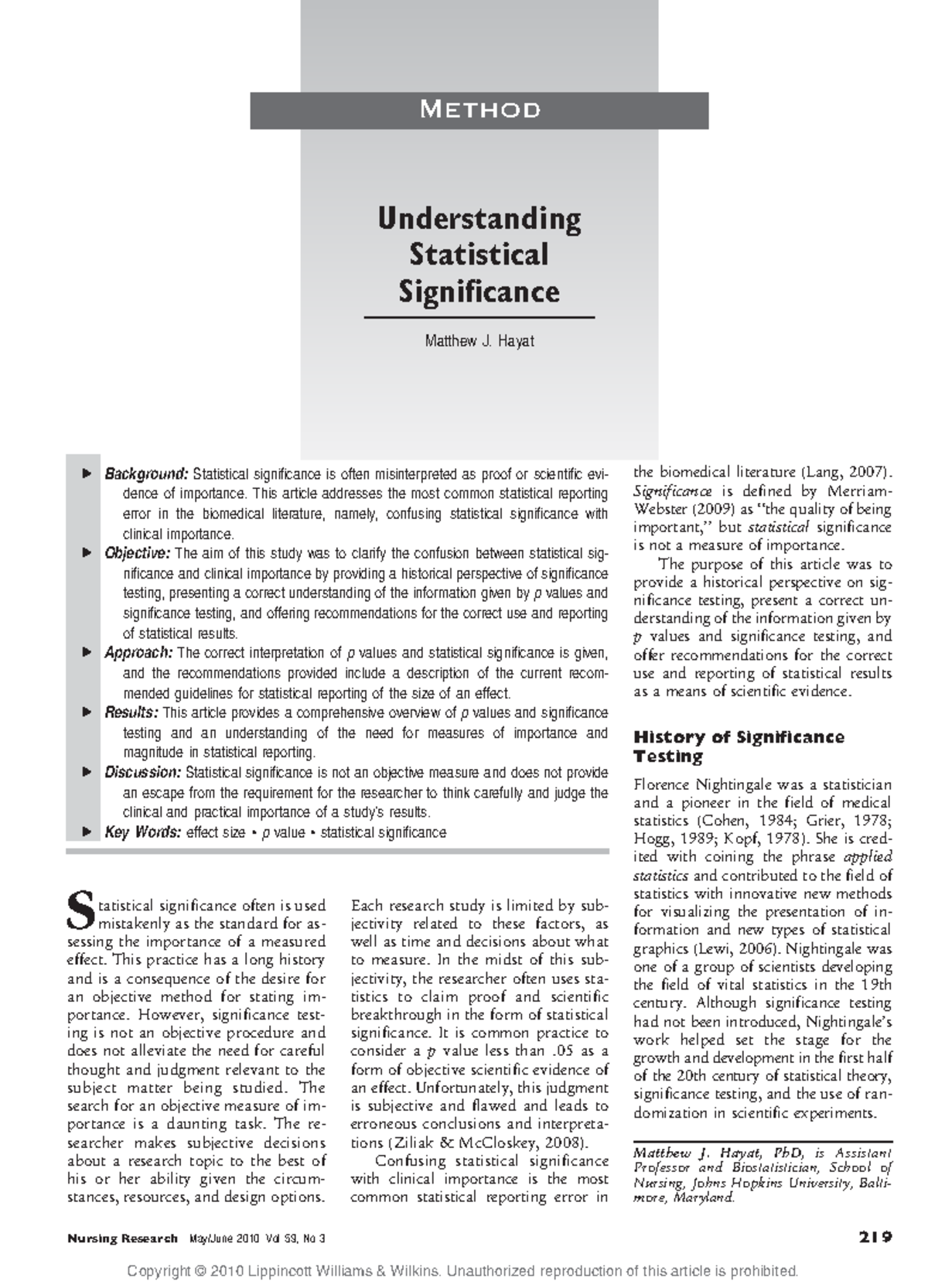 Hayat 2010 stat significance - Method Understanding Statistical Significance Matthew J. Hayat b ...