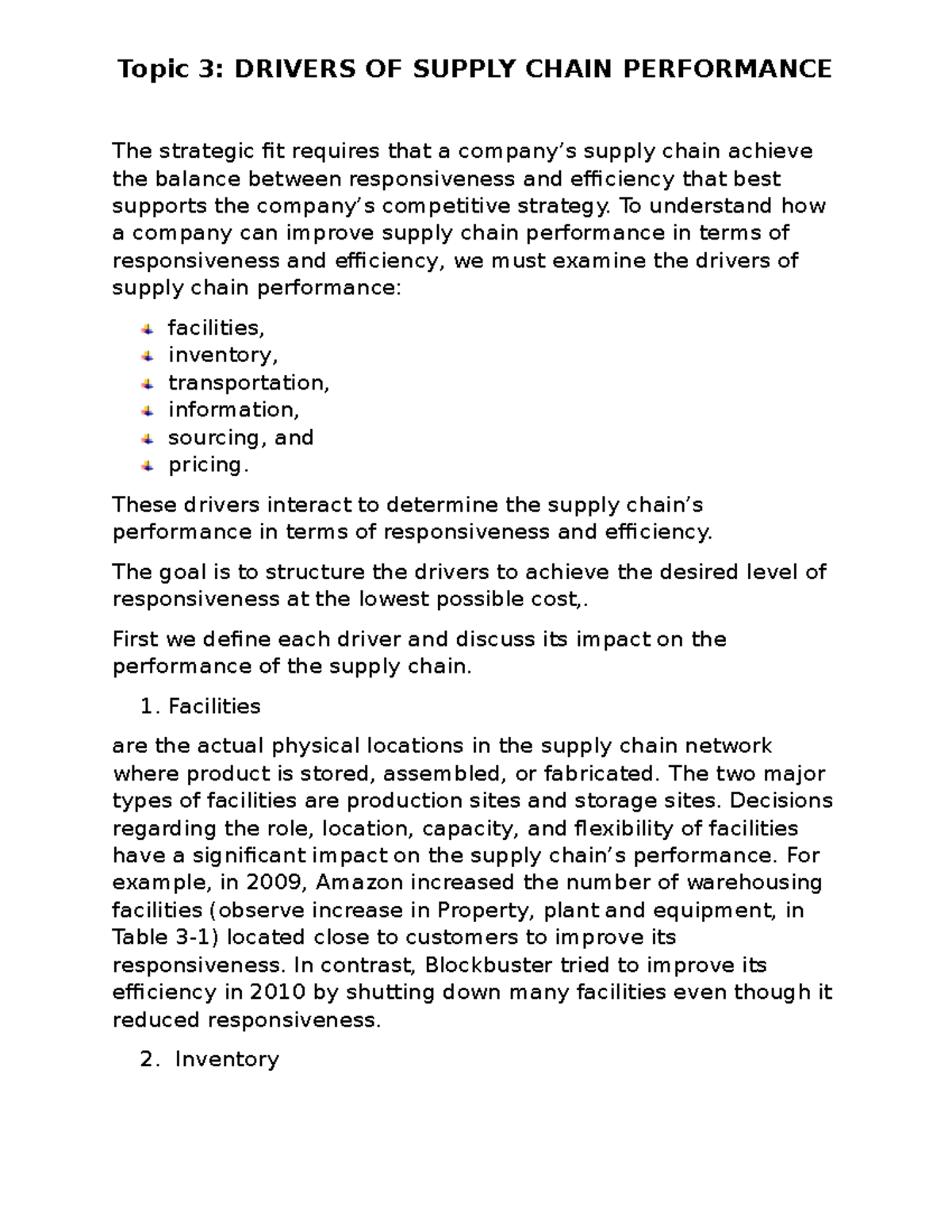 Drivers - notes - Topic 3: DRIVERS OF SUPPLY CHAIN PERFORMANCE The ...