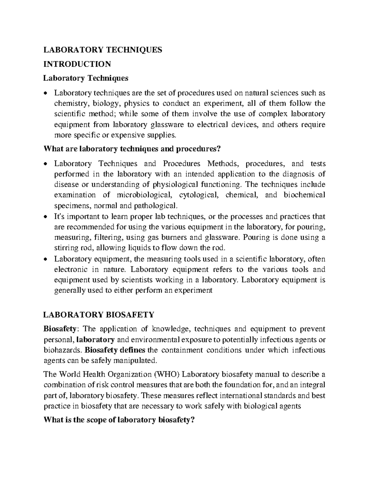 LAB Techn AND Biosafety MED LAB 2022 - LABORATORY TECHNIQUES INTRODUCTION Laboratory Techniques ...