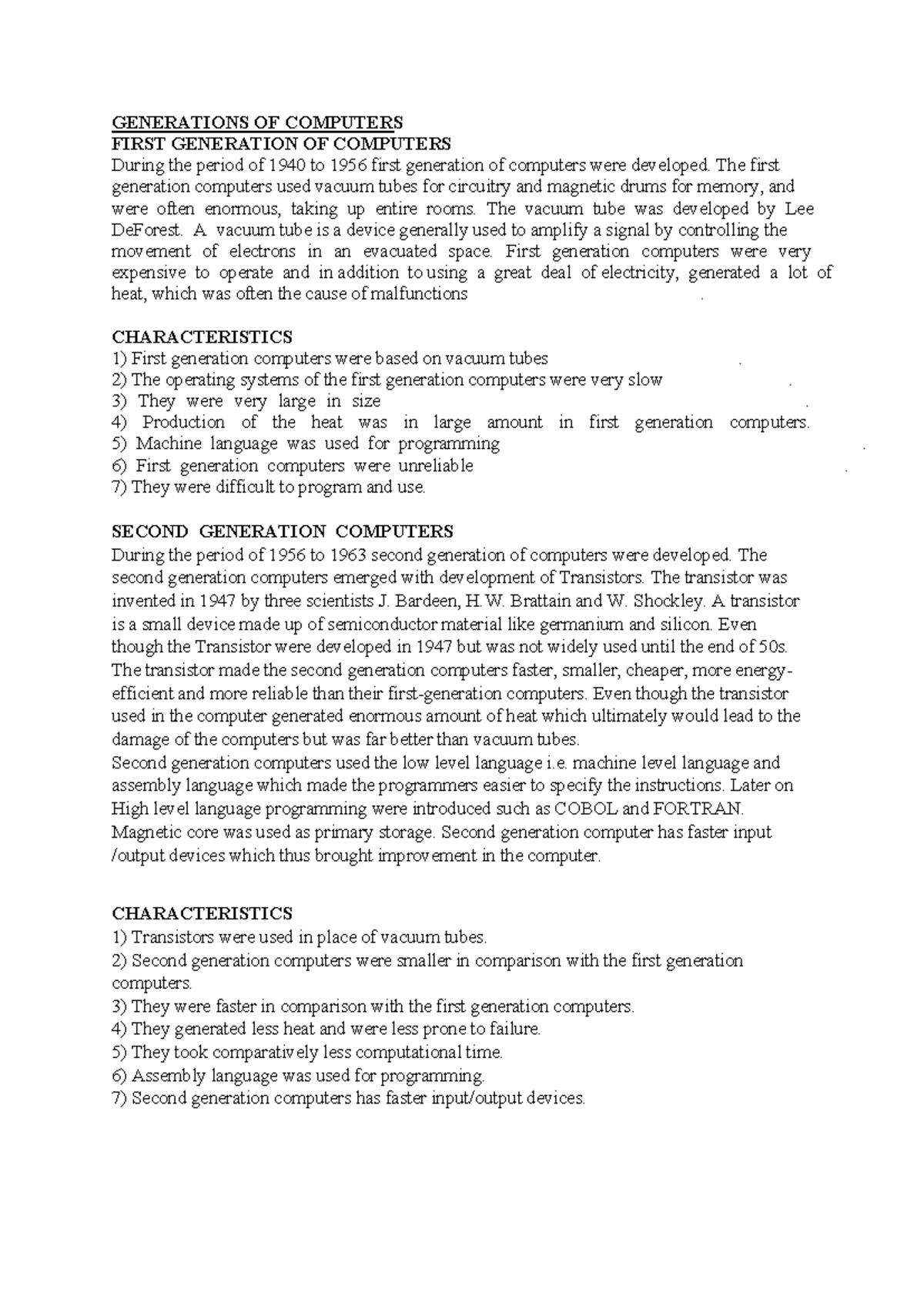 Computer Literacy Notes II - GENERATIONS OF COMPUTERS FIRST GENERATION ...