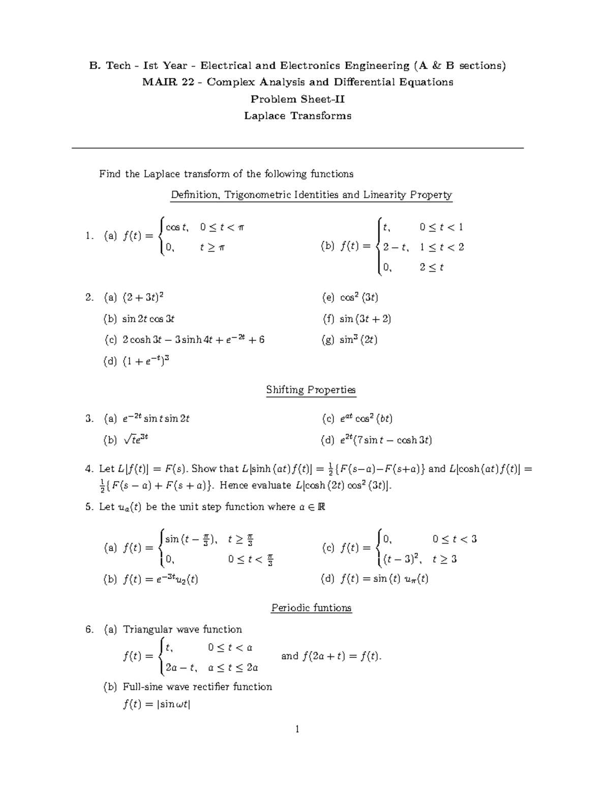 Problem sheet 2 - Laplace transforms practice - B. Tech - Ist Year ...