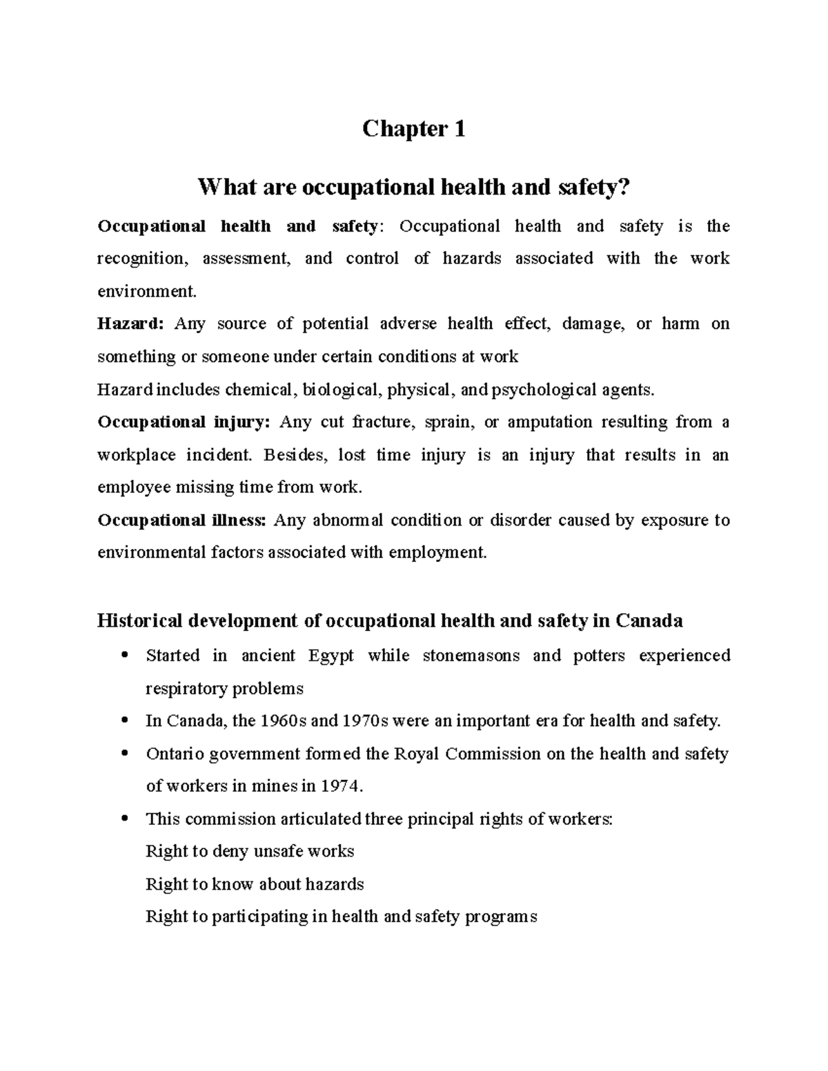 Chapter 1 notes - Chapter 1 What are occupational health and safety ...
