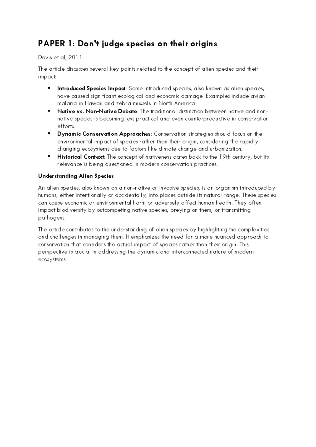 Notes W10 readings - PAPER 1: Don’t judge species on their origins ...