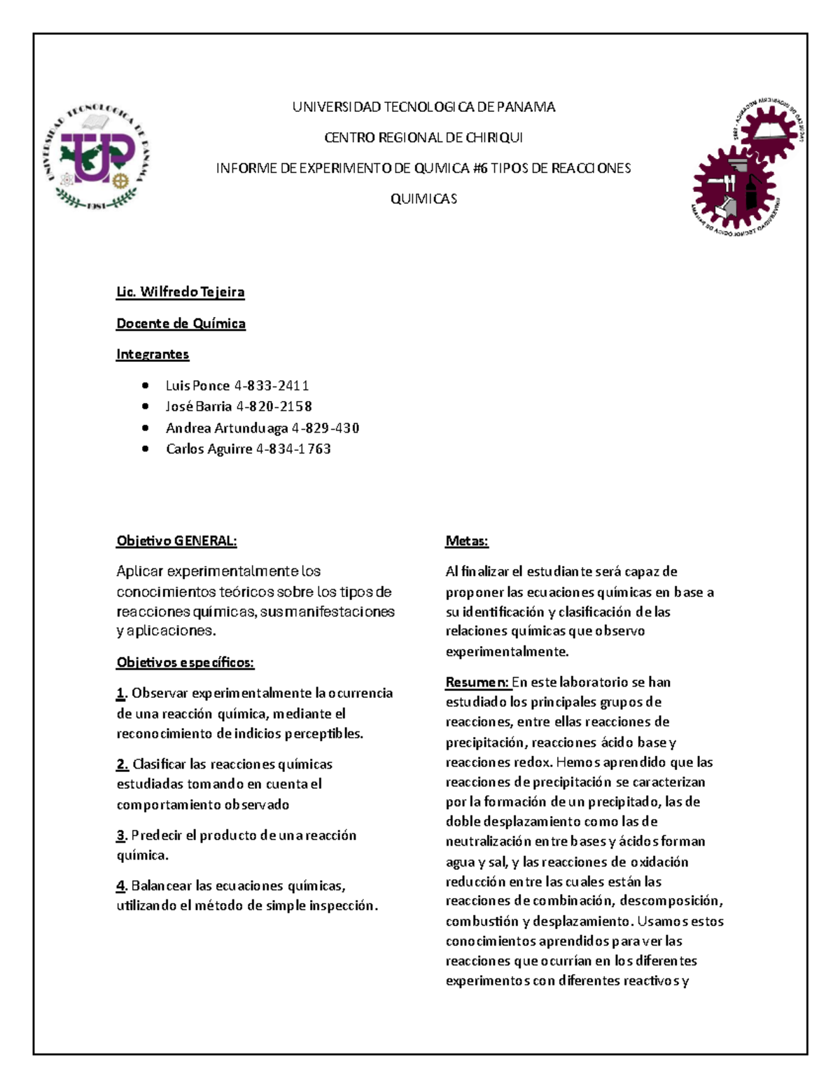 Informe 6 de qumica - UNIVERSIDAD TECNOLOGICA DE PANAMA CENTRO REGIONAL DE CHIRIQUI INFORME DE ...