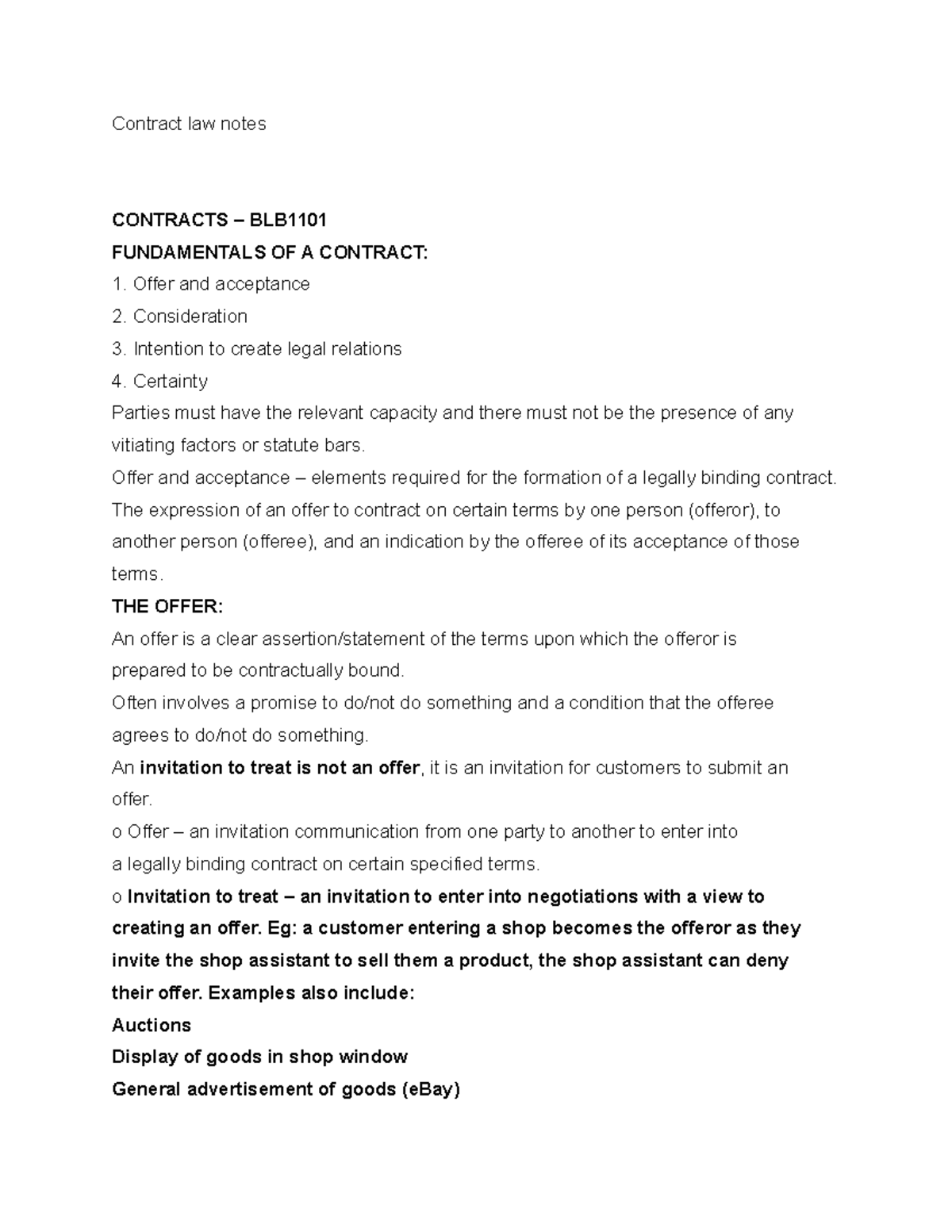 Contract - summary - Contract law notes CONTRACTS – BLB FUNDAMENTALS OF ...