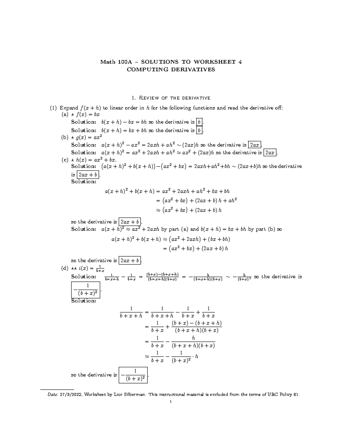 04 Deriv Arithmetic - math 100 practice - Math 100A – SOLUTIONS TO ...