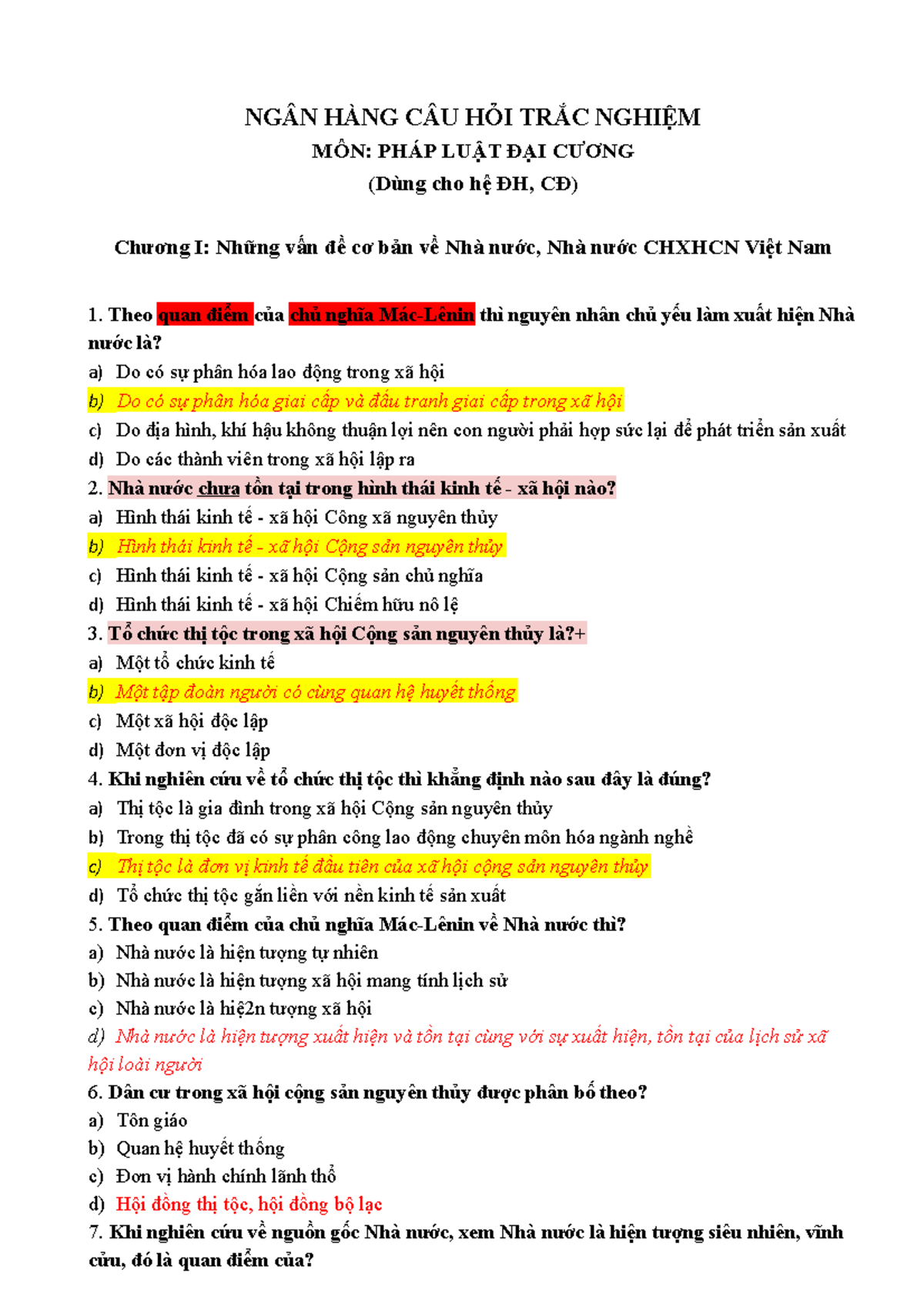 Ngan hang cau hoi PLDC 2 - NGÂN HÀNG CÂU HỎI TRẮC NGHIỆM MÔN: PHÁP LUẬT ĐẠI CƯƠNG (Dùng cho hệ ...