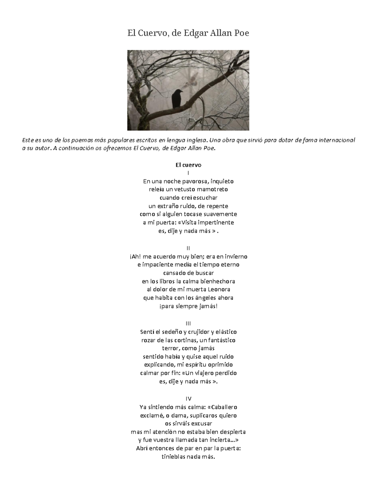 El Cuervo, Edgar Allan Poe - El Cuervo, de Edgar Allan Poe Este es uno ...