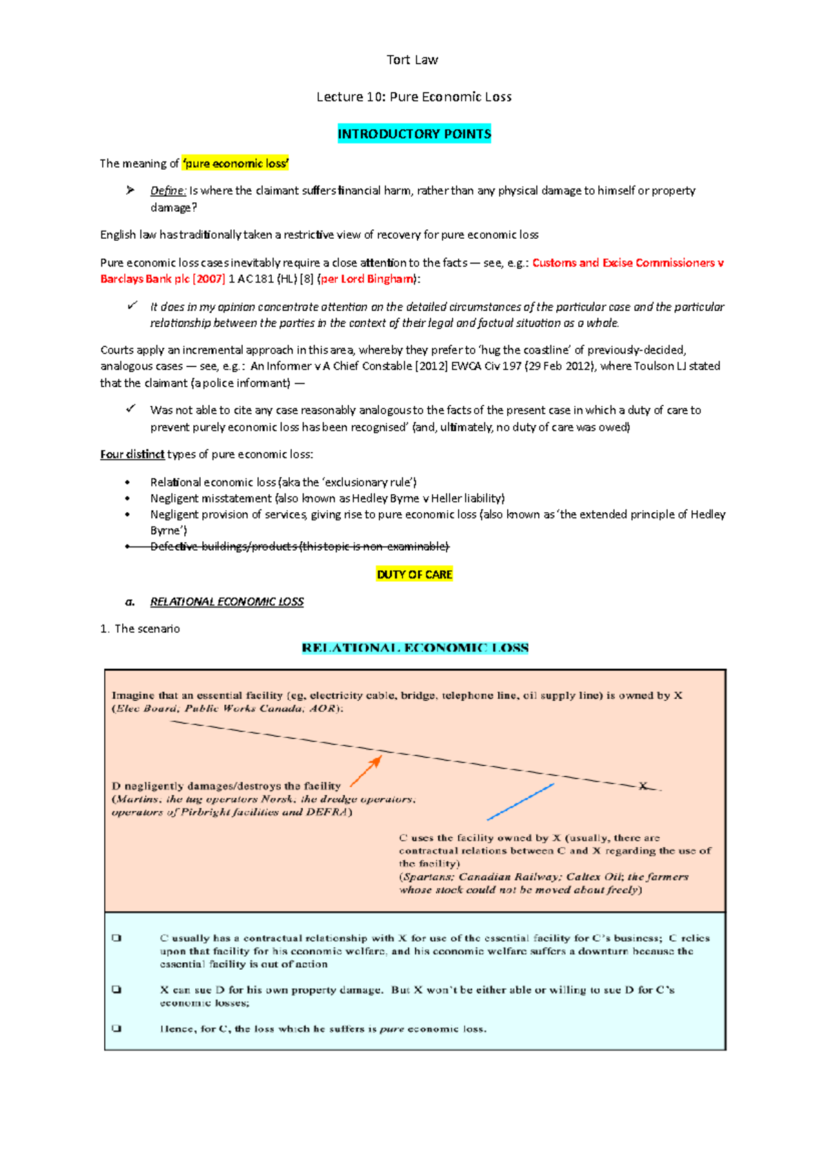 2.0 Pure Economic Loss - Tort Law Lecture Notes - Lecture 10: Pure ...