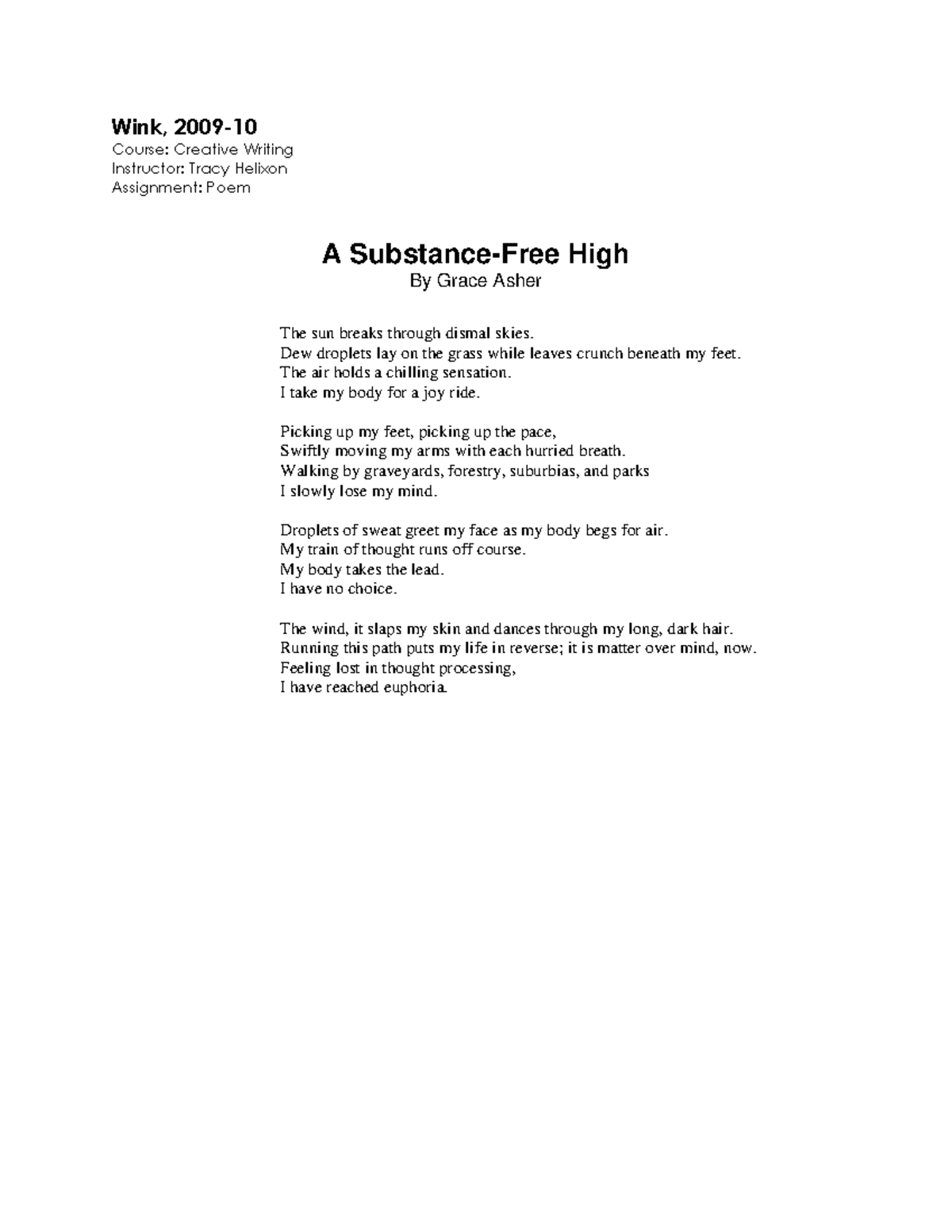 Asher - poem - Wink, 2009- Course: Creative Writing Instructor: Tracy ...