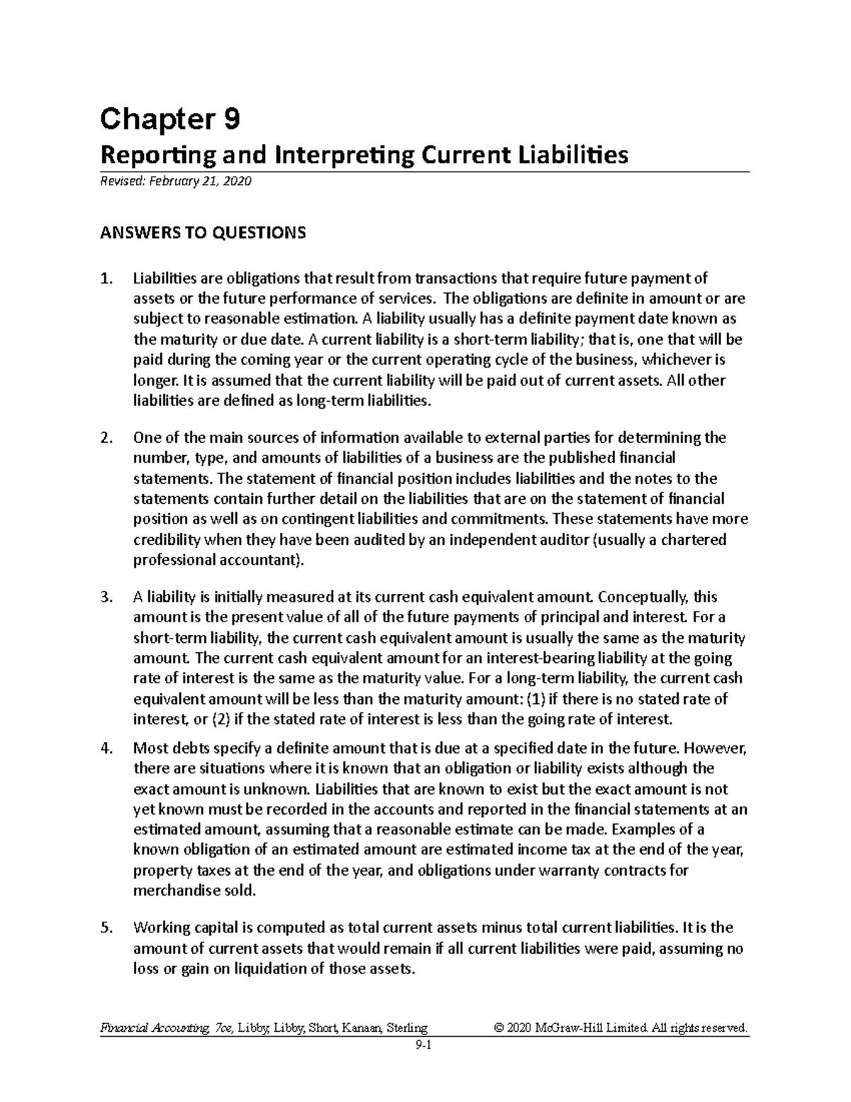 Libby 7ce SM Ch09 Final R - Chapter 9 Reporting and Interpreting Current Liabilities Revised ...
