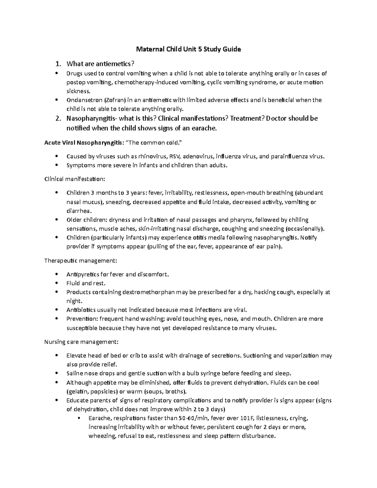 Maternal Child Unit 5 Study Guide - Maternal Child Unit 5 Study Guide 1 ...