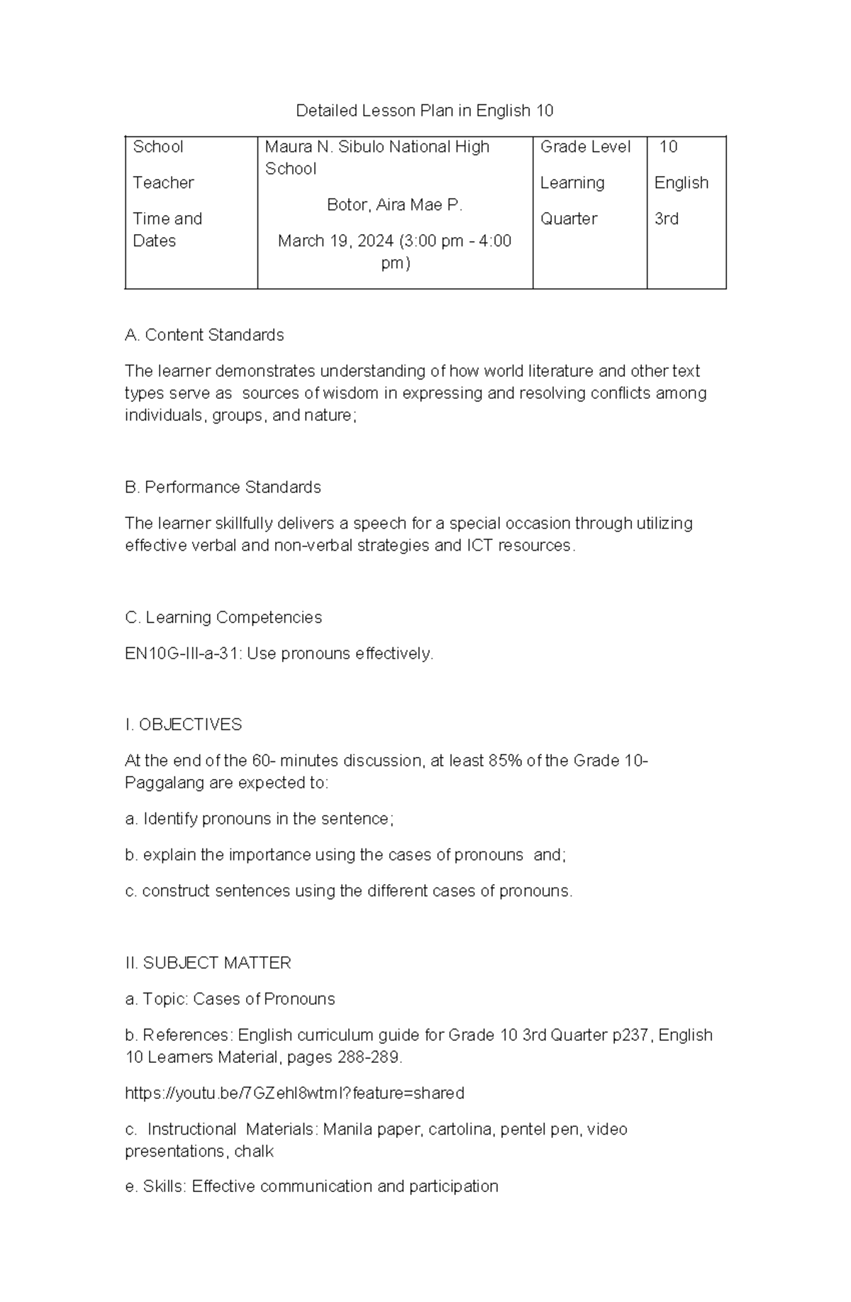 DLP-Casesof Pronounslegit - Detailed Lesson Plan in English 10 School ...