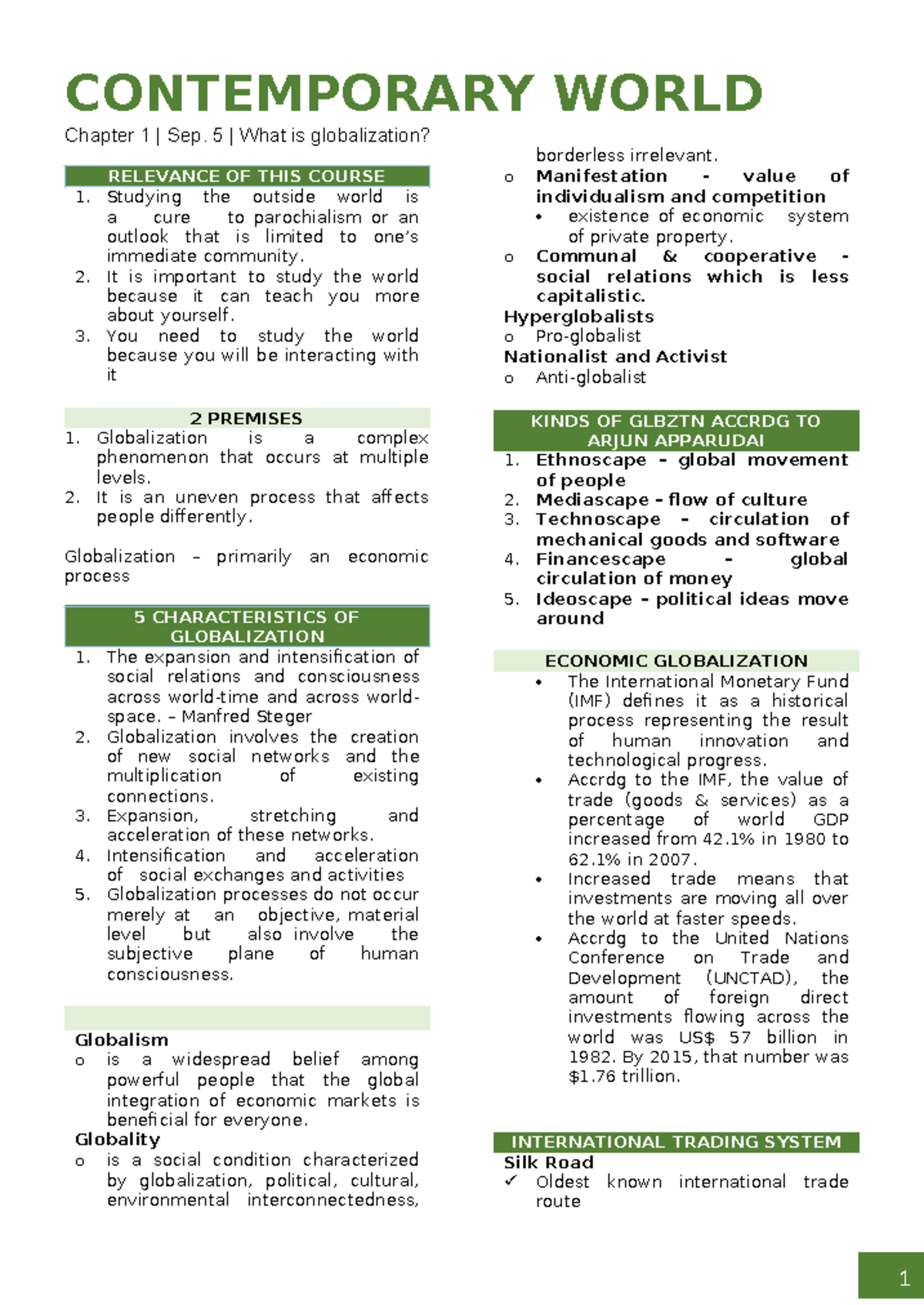 Globalization Notes Chapter 1 Sep 5 What Is Globalization