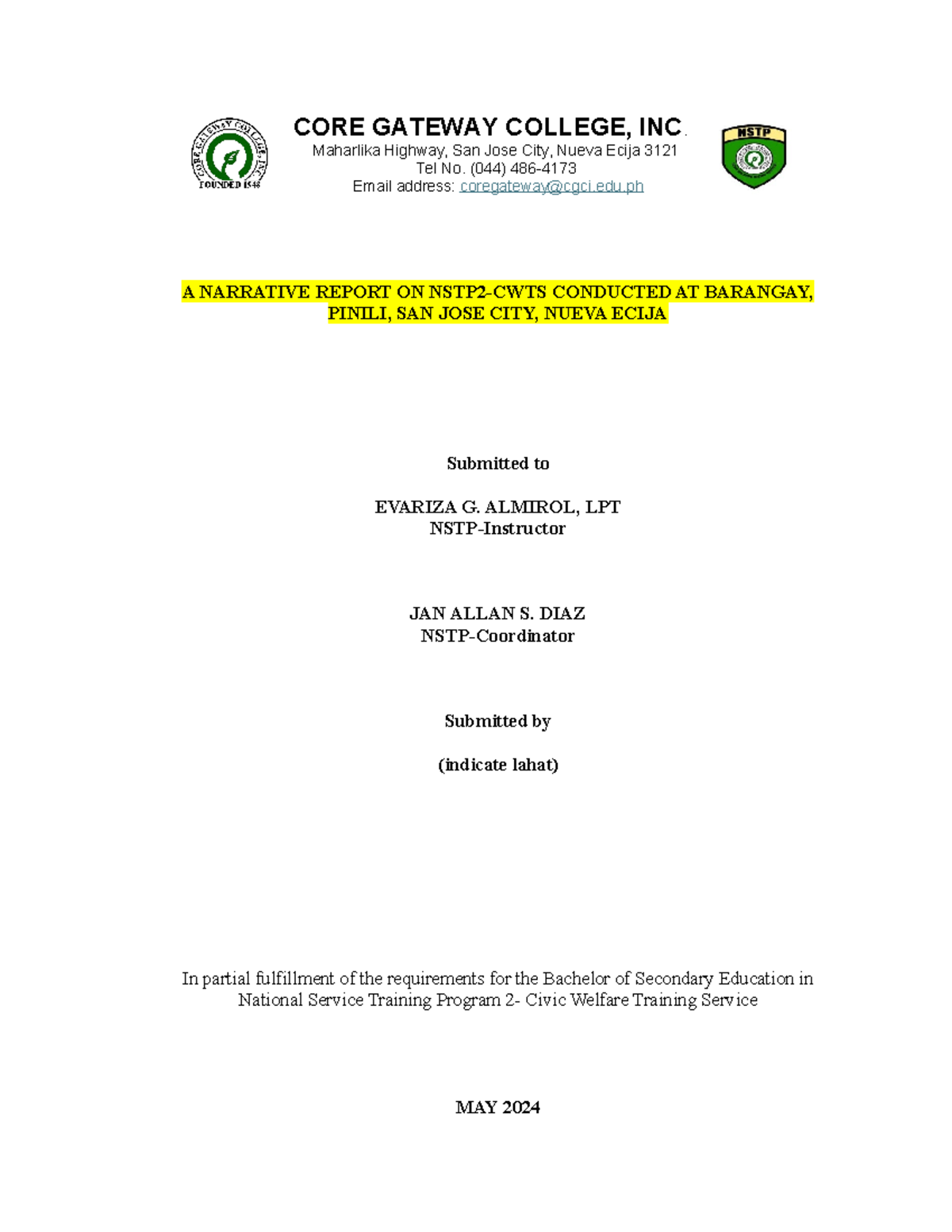 NSTP Narrative Report Template - CORE GATEWAY COLLEGE, INC. Maharlika ...