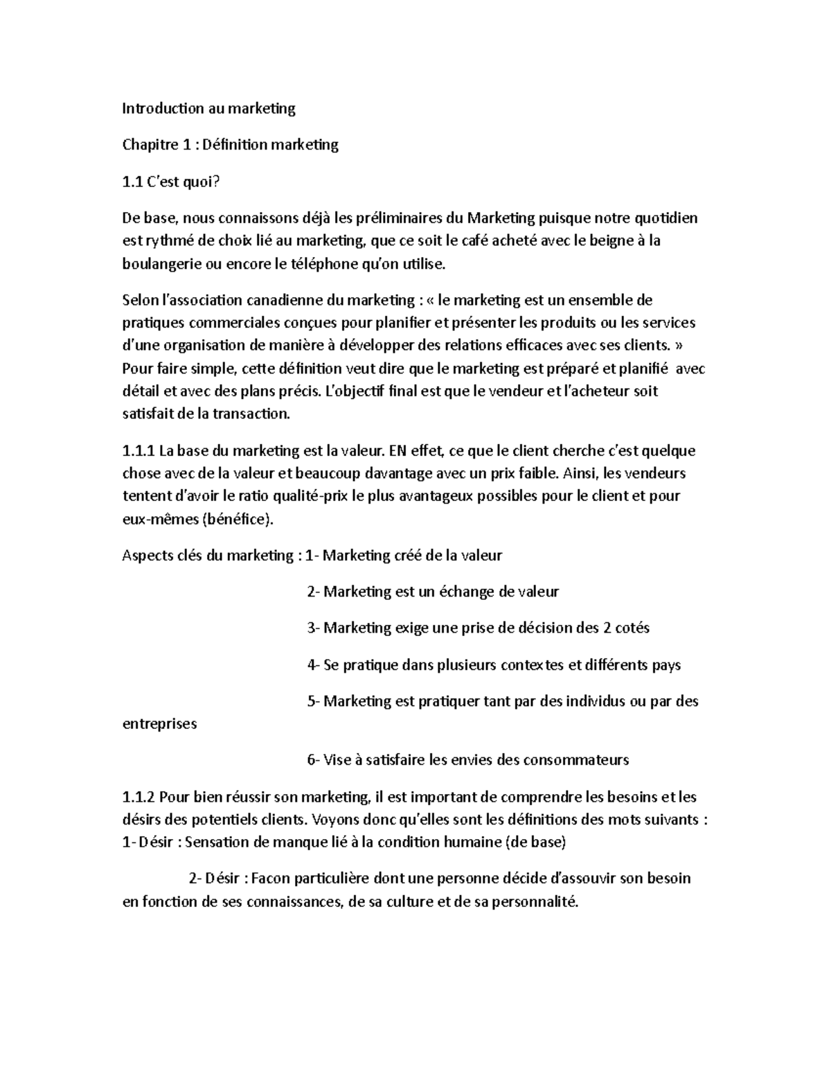 Résumé chp 1 jusqu'à 1.1.3 - Introduction au marketing Chapitre 1 : Définition marketing 1 C’est ...
