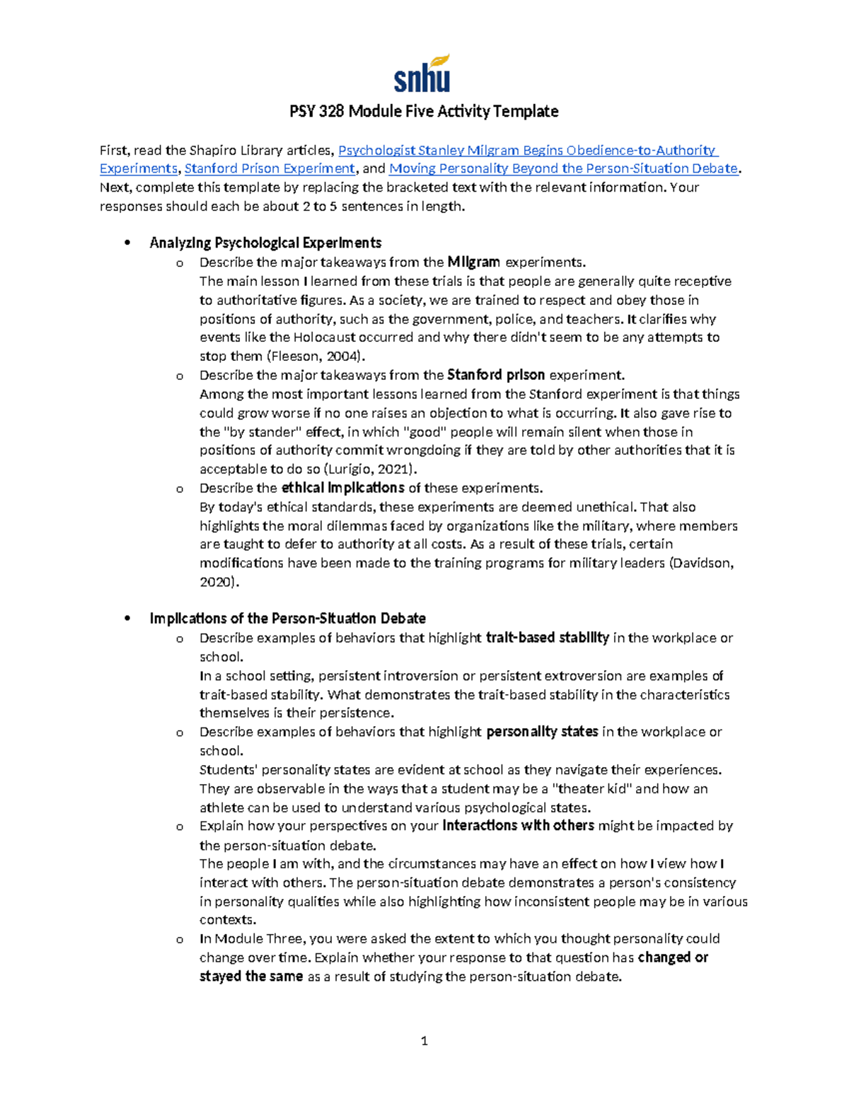 PSY 328 Module Five Activity MT - Next, complete this template by replacing the bracketed text ...