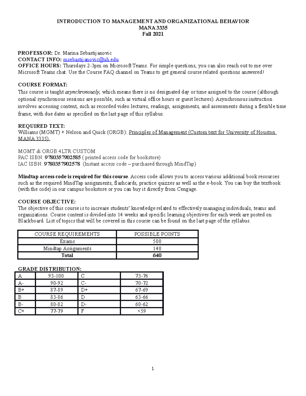 MANA 3335 Fall 2021 Syllabus asynch(2) - INTRODUCTION TO MANAGEMENT AND ...