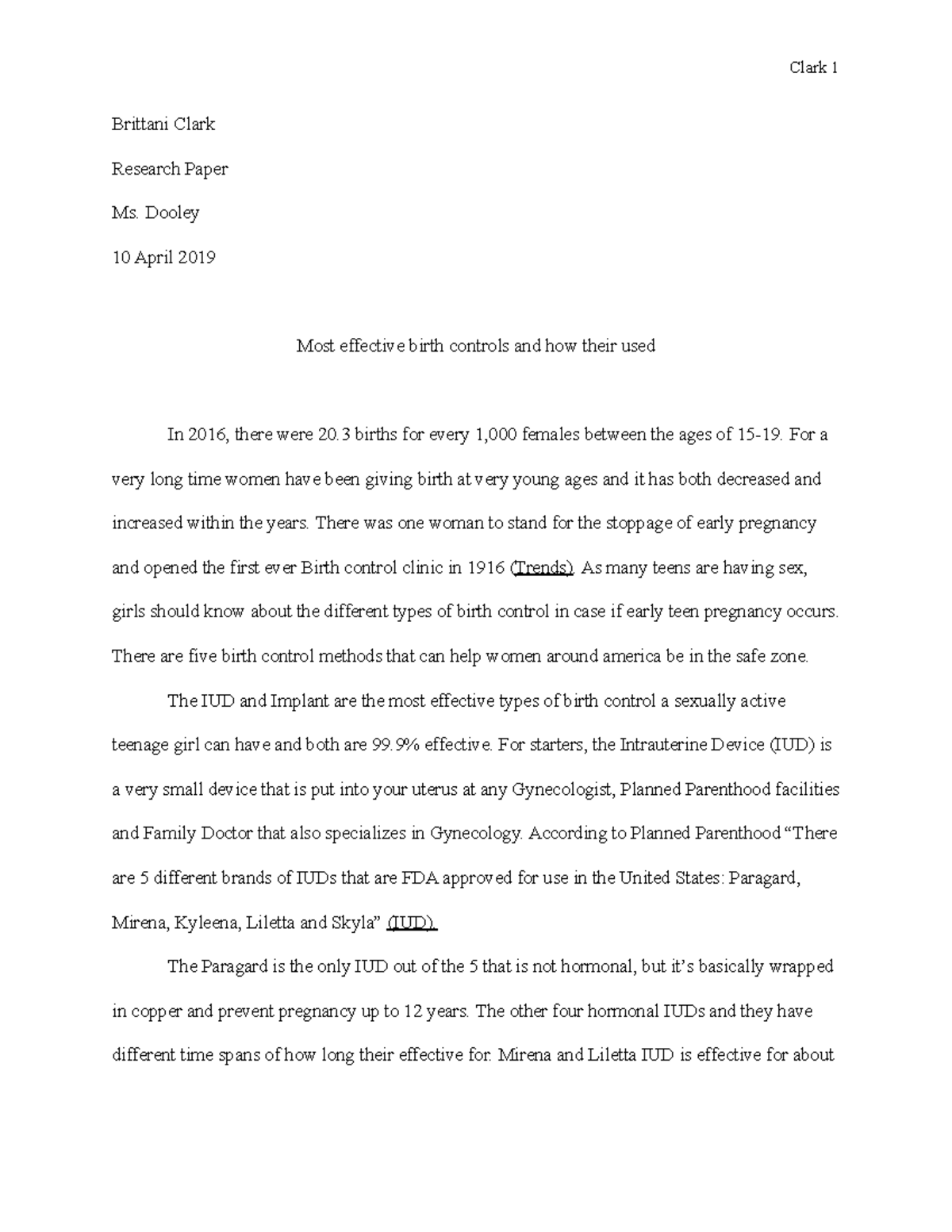 Research Paper Different birth controls - Brittani Clark Research Paper ...