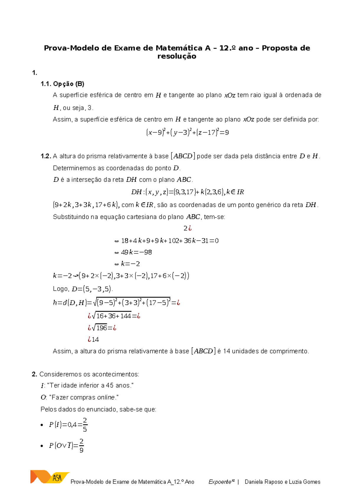 Expoente 12 prova-modelo de exame resolucao - Prova-Modelo de Exame de Matemática A – 12.º ano ...