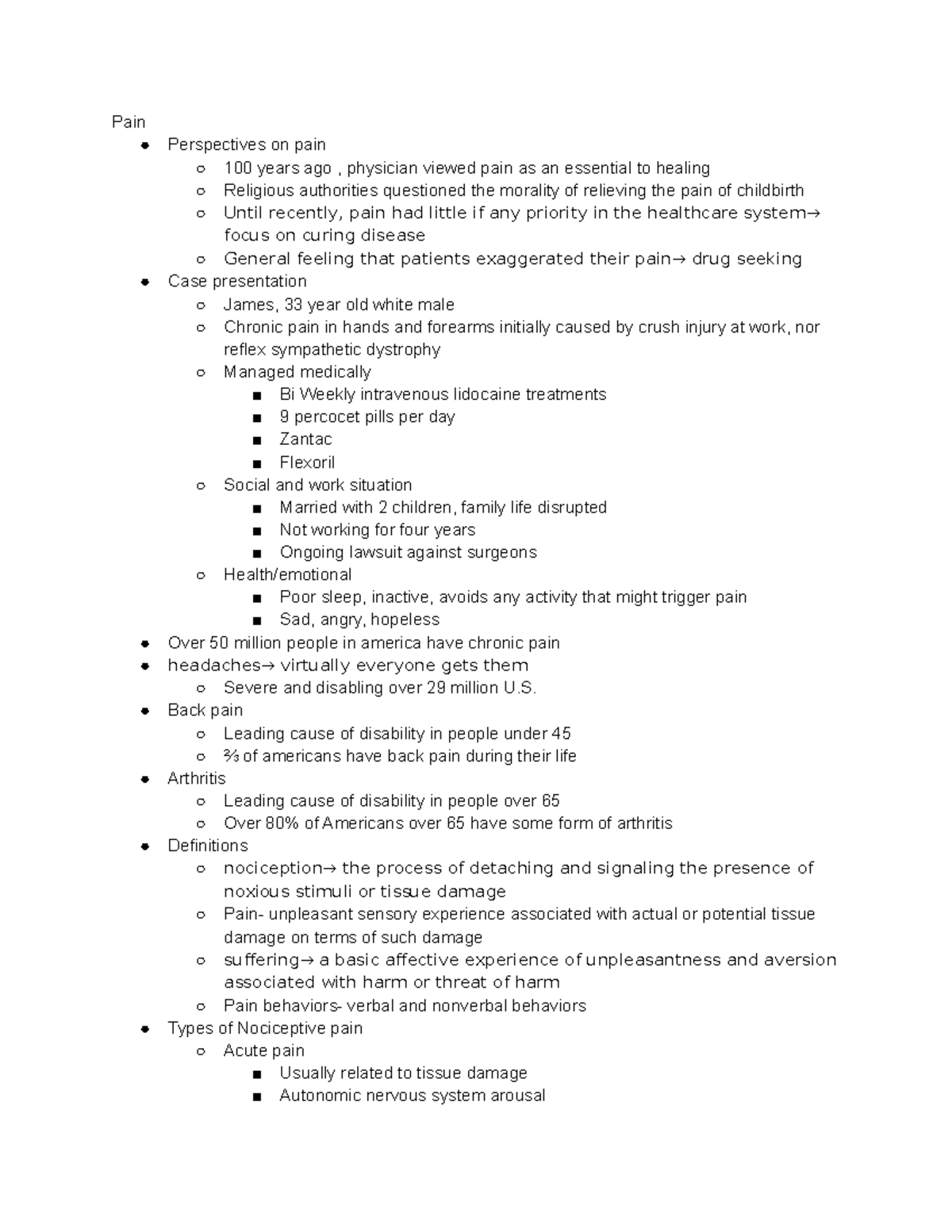 Feb 20 lecture notes - Pain Perspectives on pain 100 years ago ...