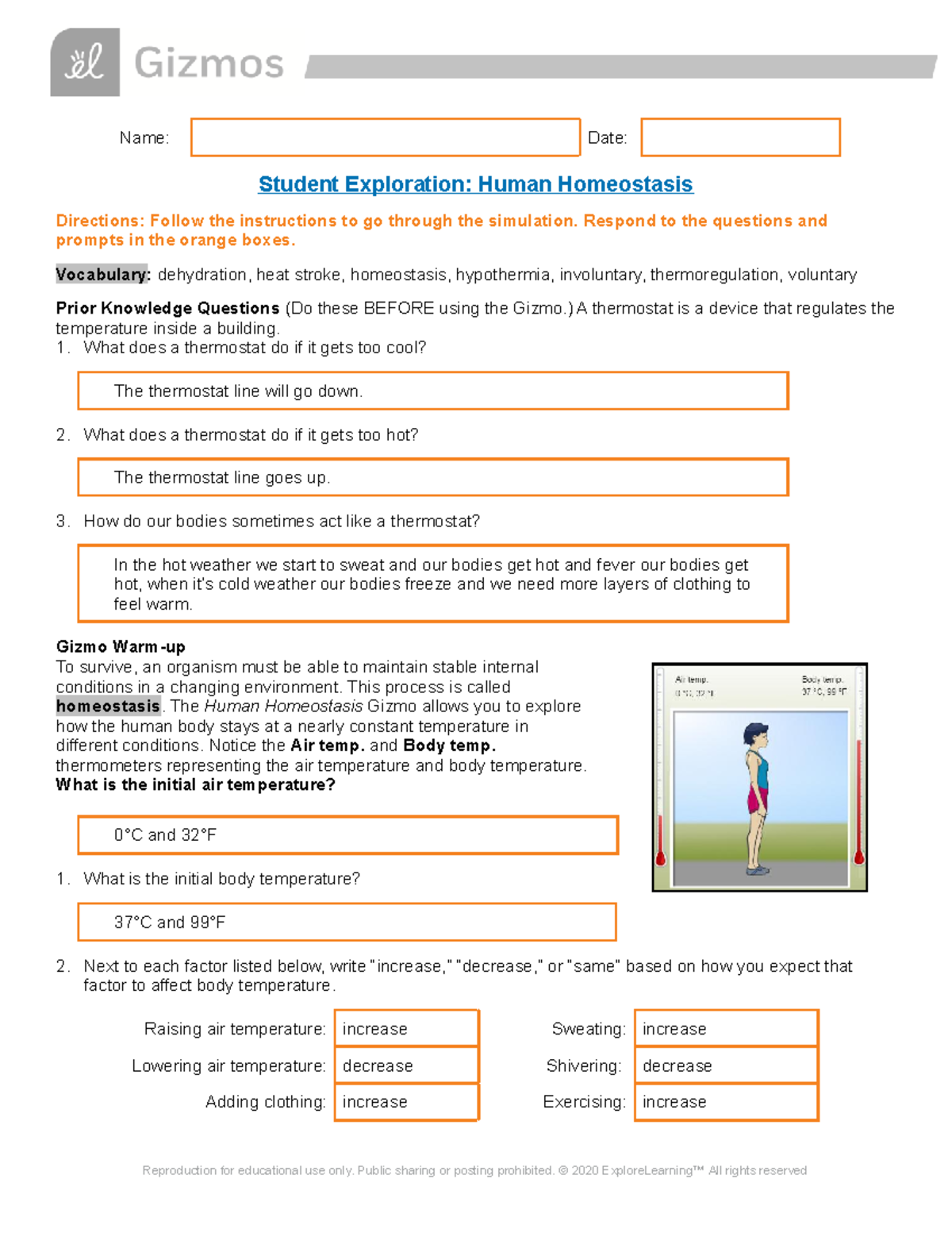 Explore Learning Gizmo - Human Homeostasis Activity A - Name: Date ...