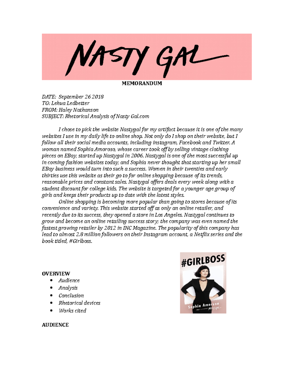 Memorandum - Grade: B+ - MEMORANDUM DATE: September 26 2018 TO: Lehua ...