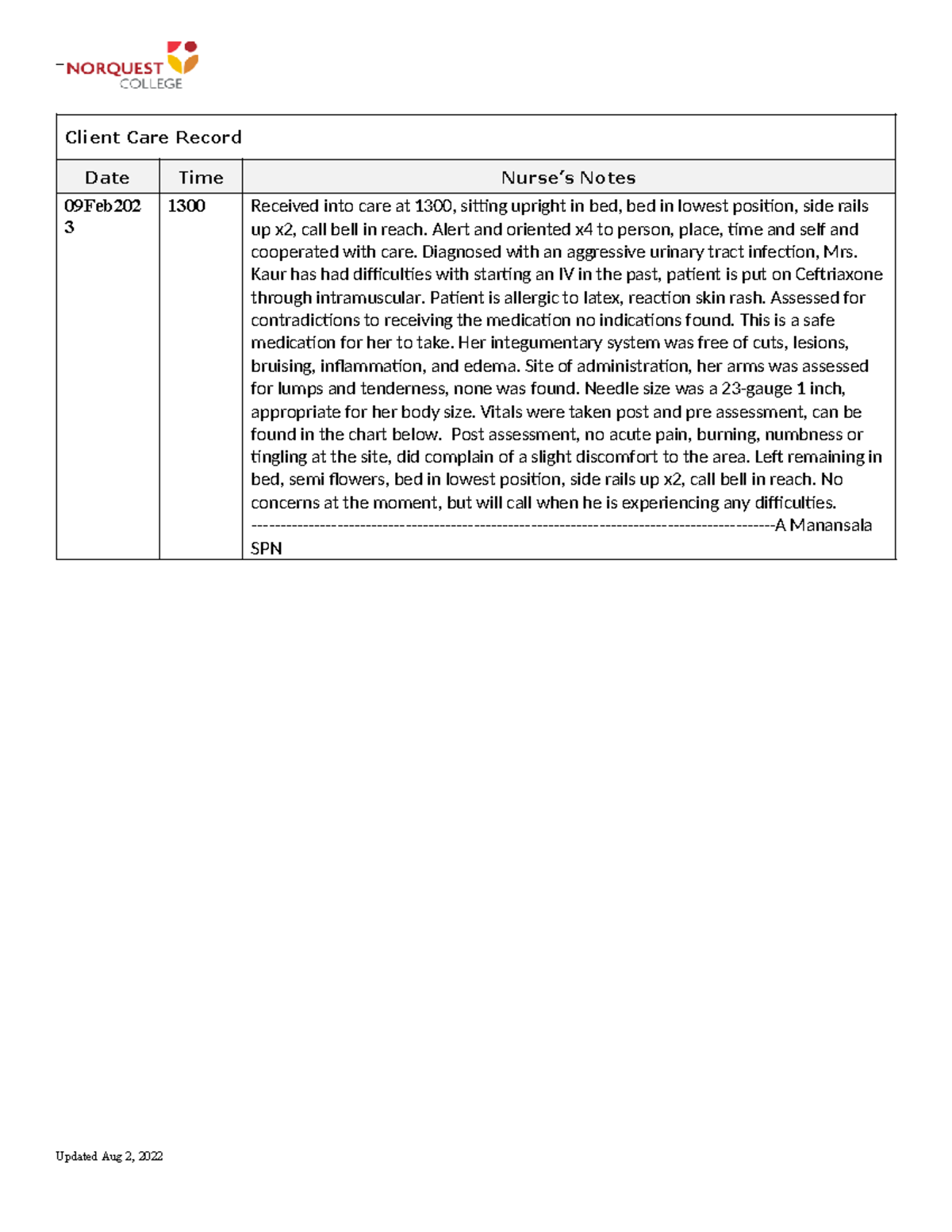 IM Client Care Record - ... - Client Care Record Date Time Nurse’s ...